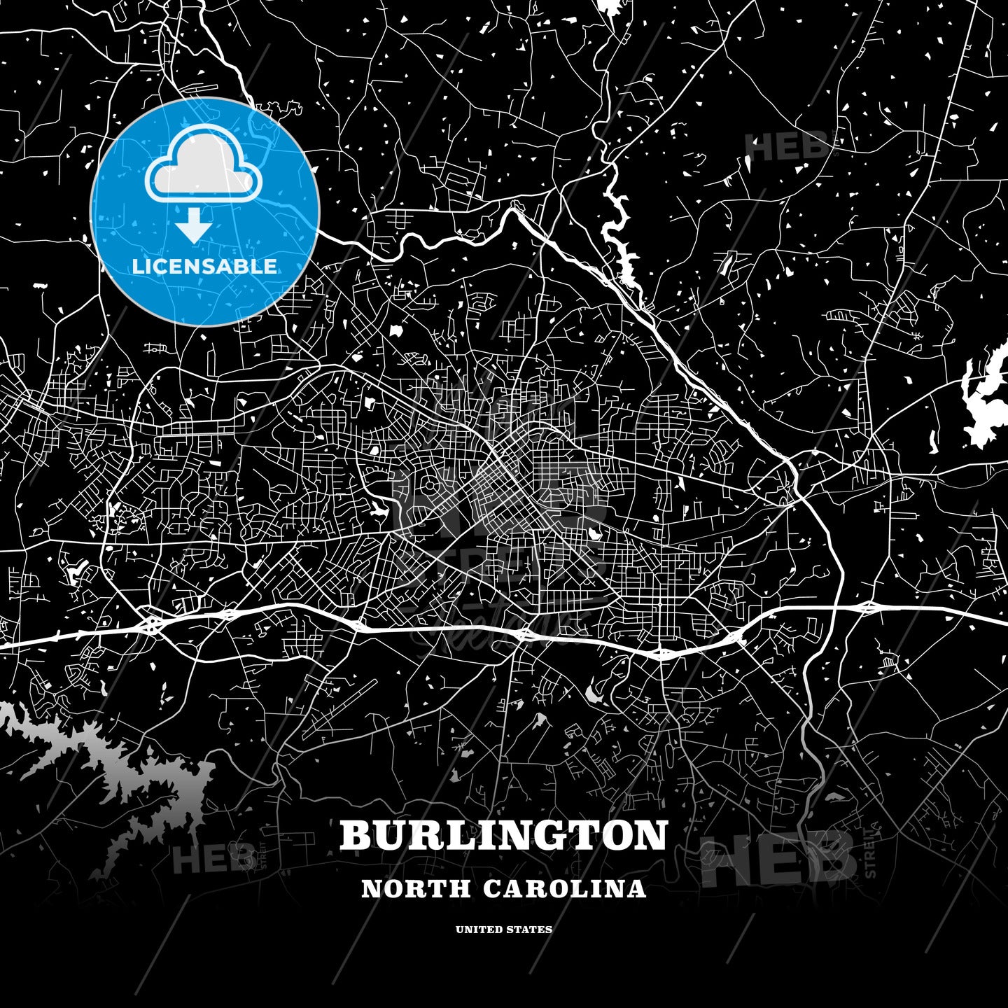 Black Map Poster Template Of Burlington, North Carolina, Usa – HEBSTREITS