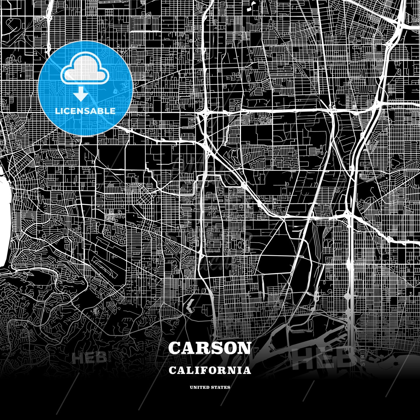 Black map poster template of Carson, California, USA - HEBSTREITS