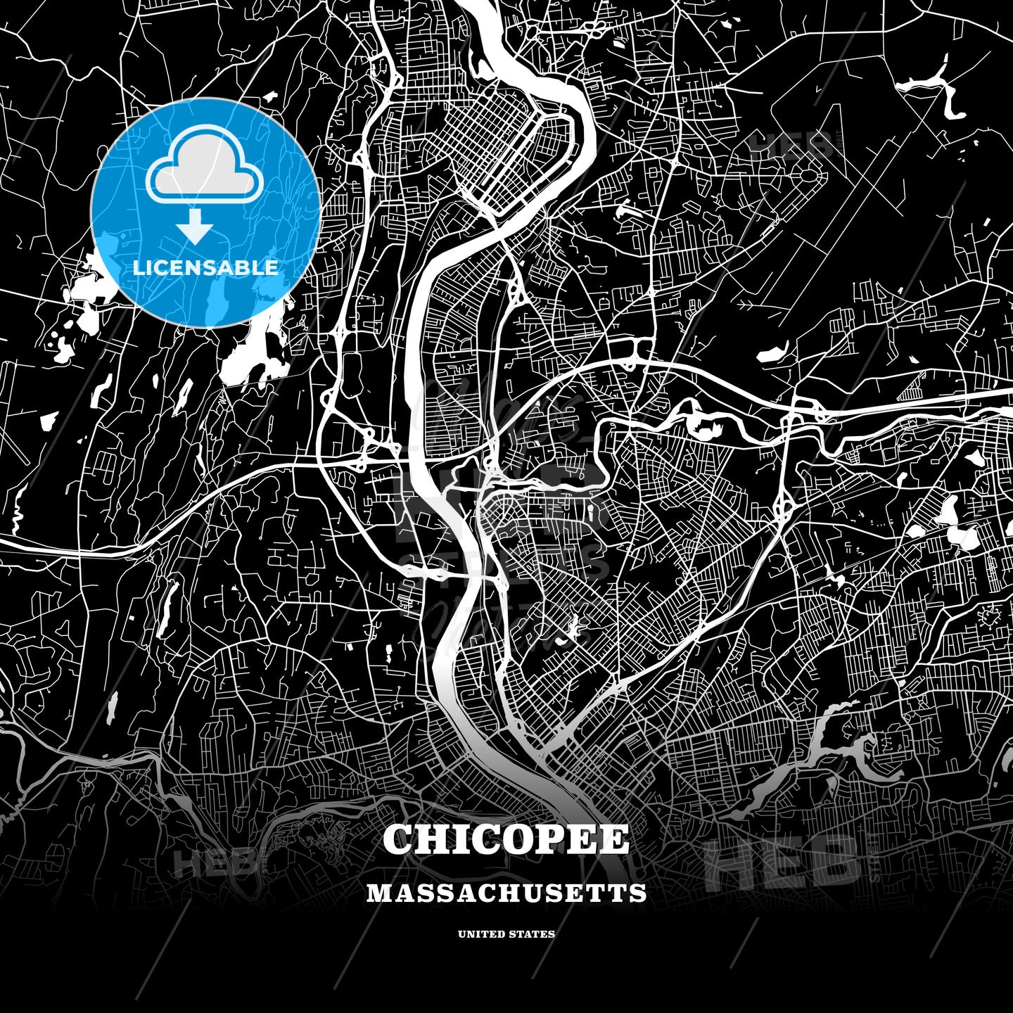 Black Map Poster Template Of Chicopee, Massachusetts, Usa – HEBSTREITS