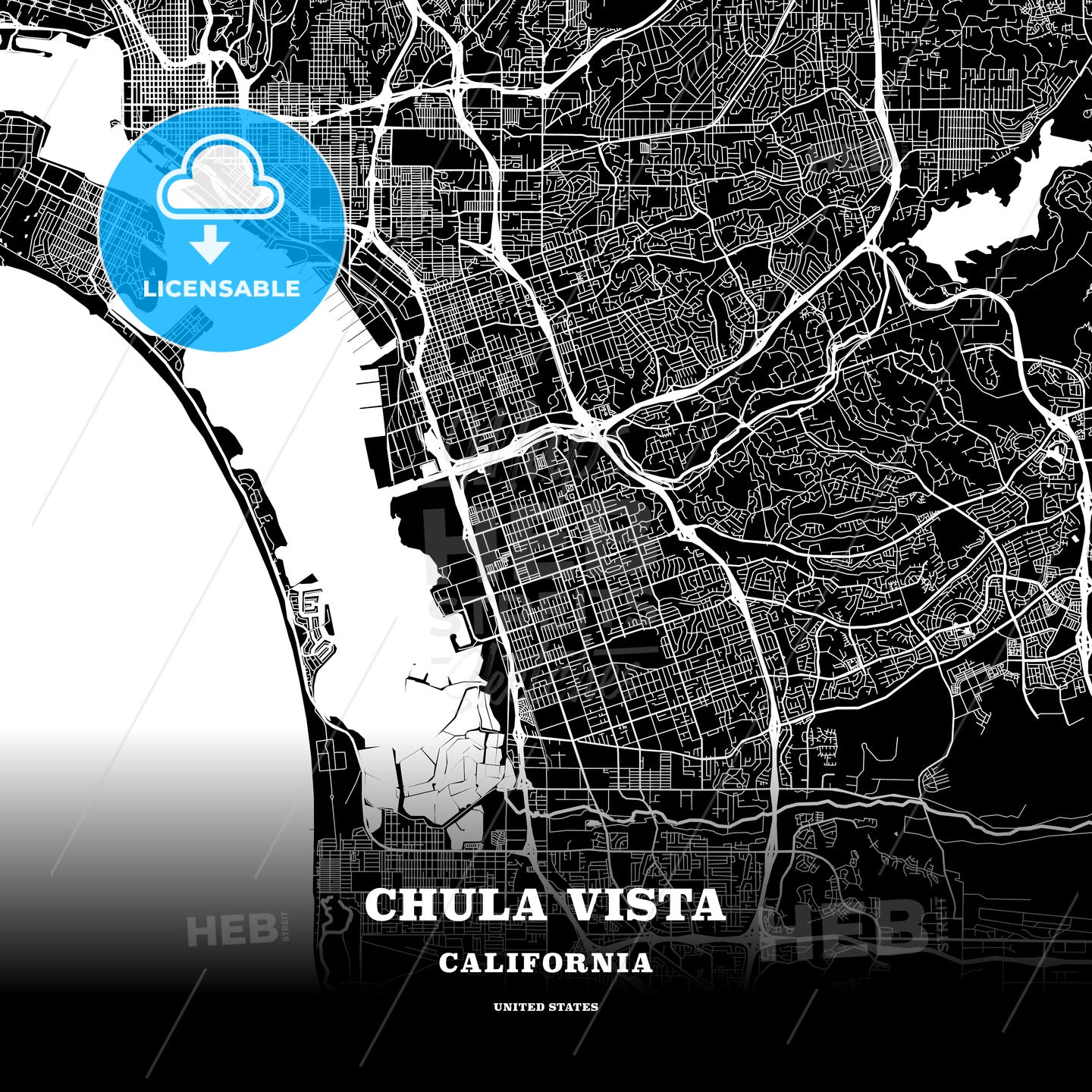 Black map poster template of Chula Vista, California, USA - HEBSTREITS