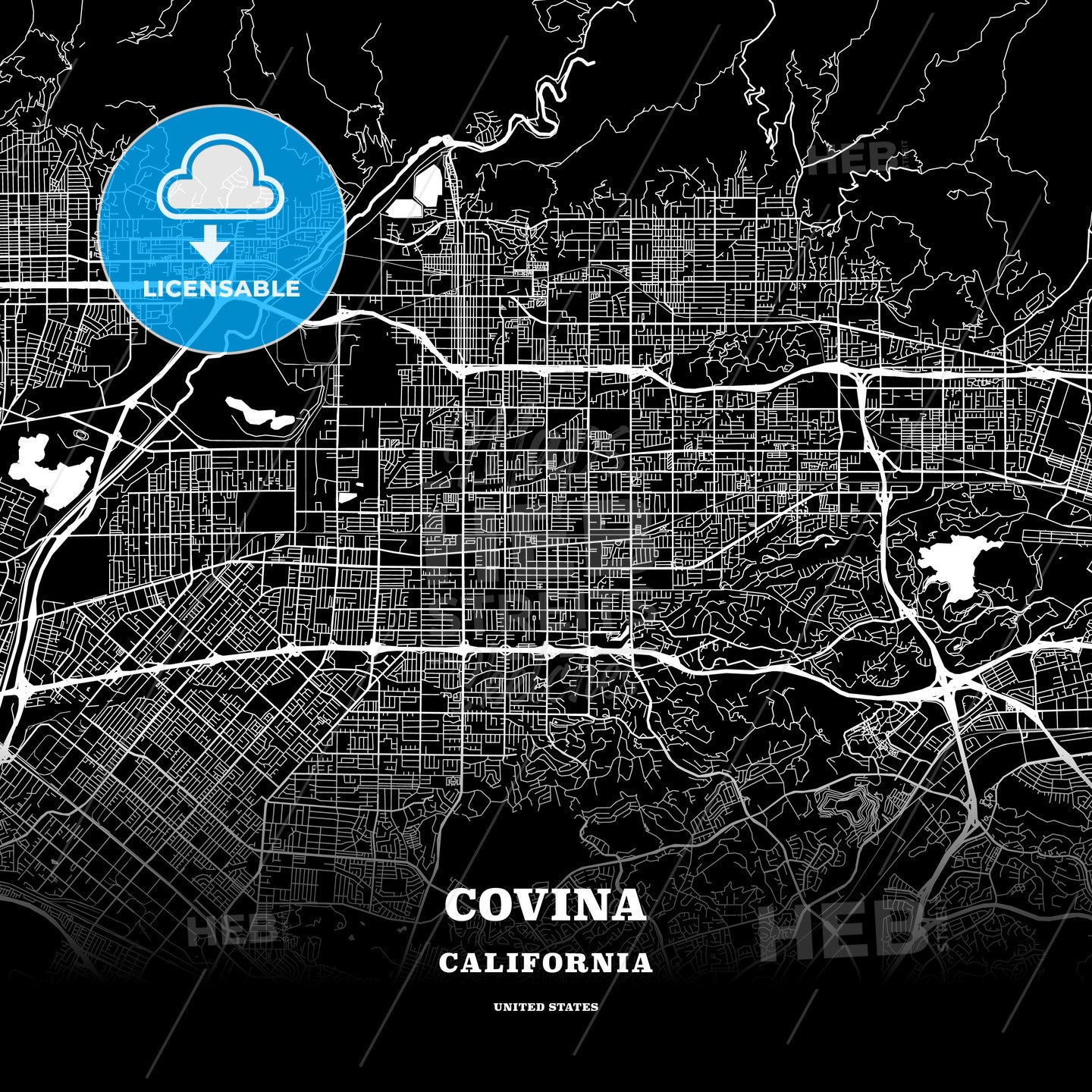 Black map poster template of Covina, California, USA - HEBSTREITS