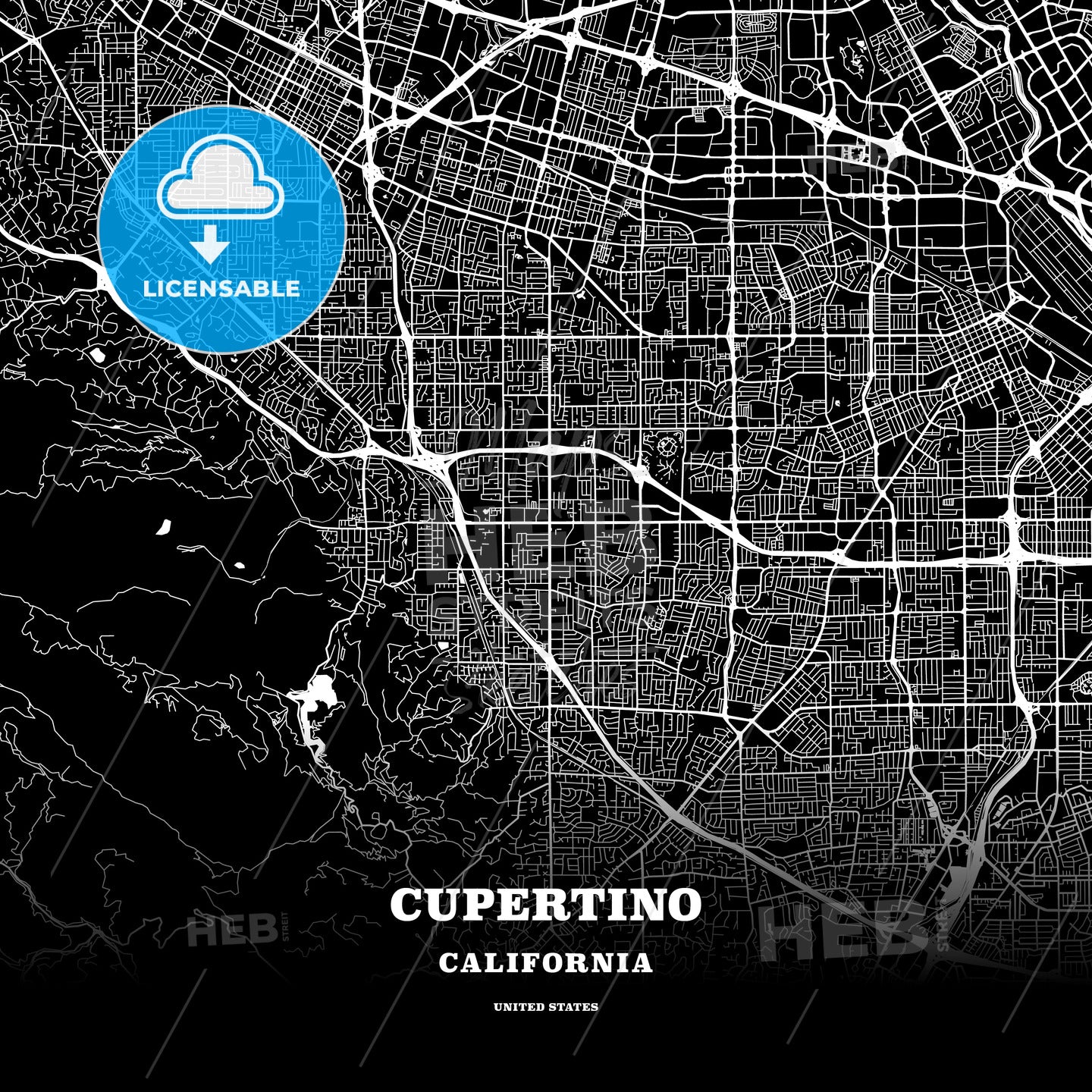 Black map poster template of Cupertino, California, USA - HEBSTREITS