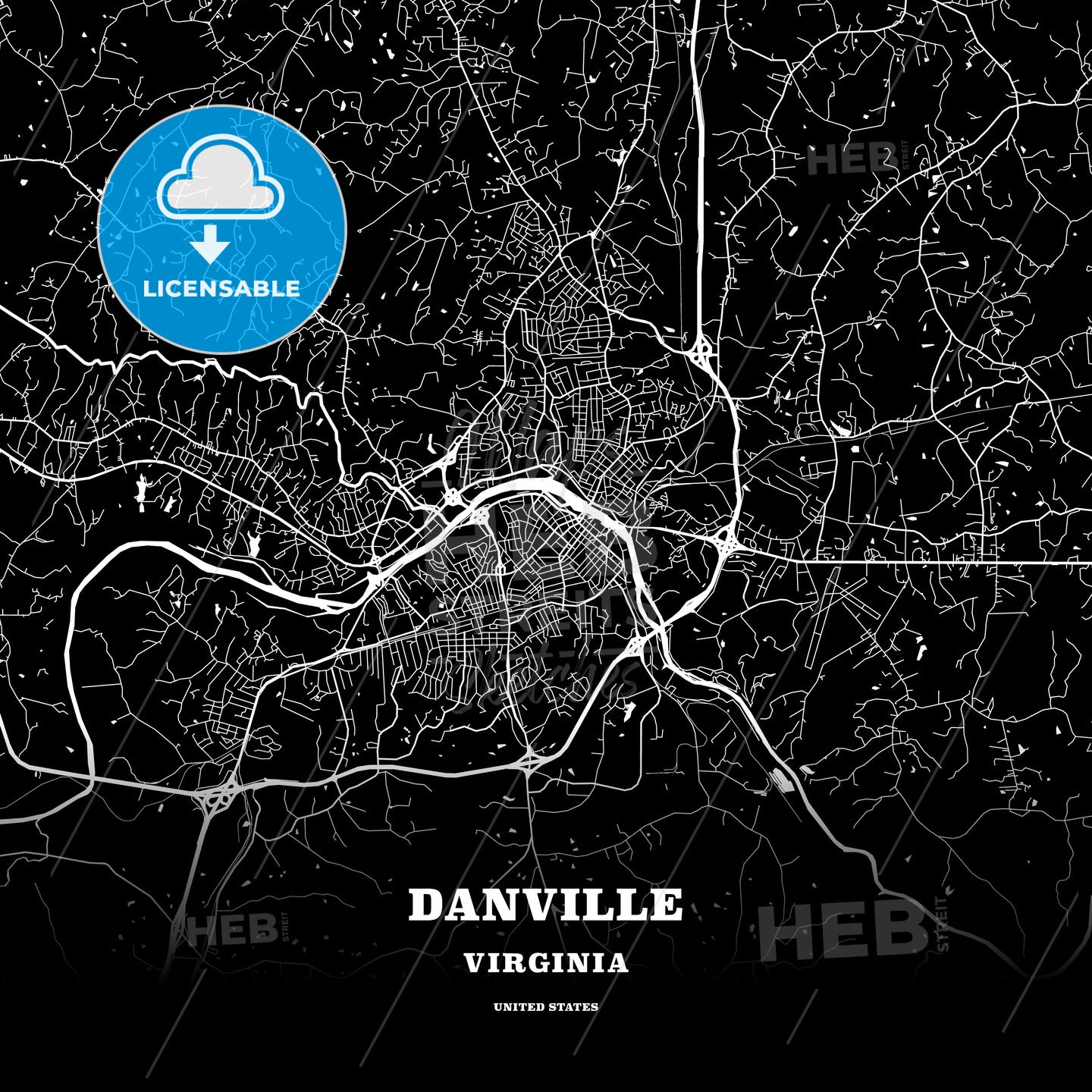 Black map poster template of Danville, Virginia, USA - HEBSTREITS