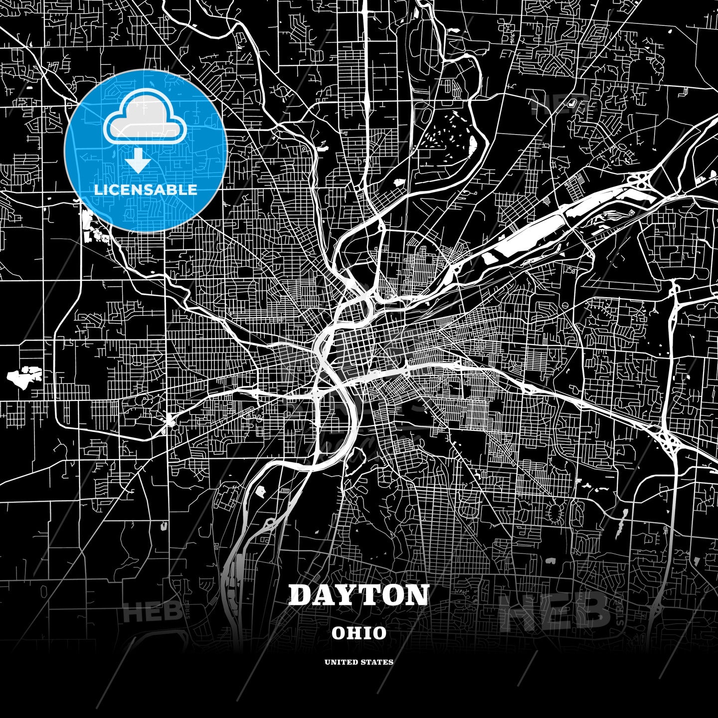 Black map poster template of Dayton, Ohio, USA - HEBSTREITS