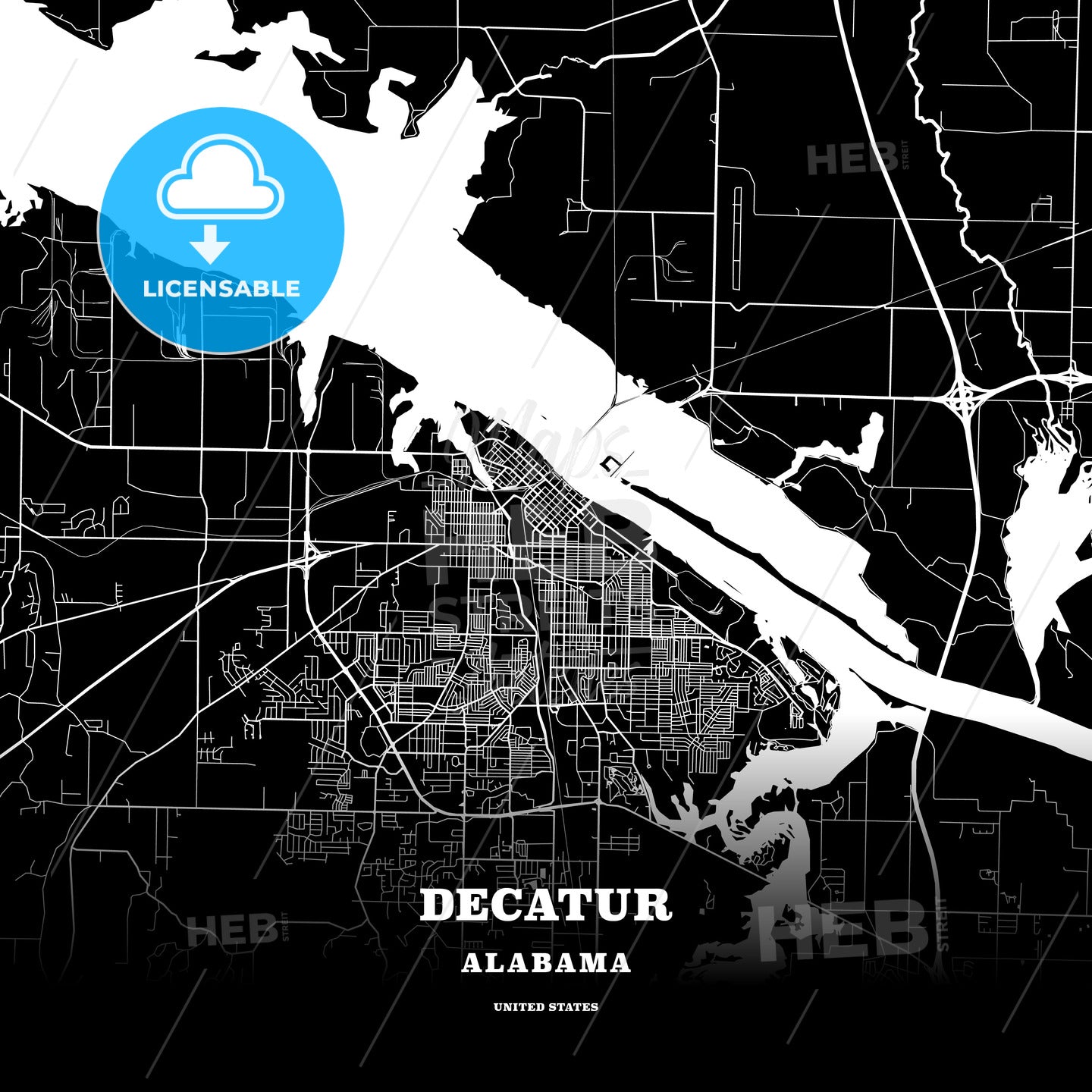 Black map poster template of Decatur, Alabama, USA - HEBSTREITS