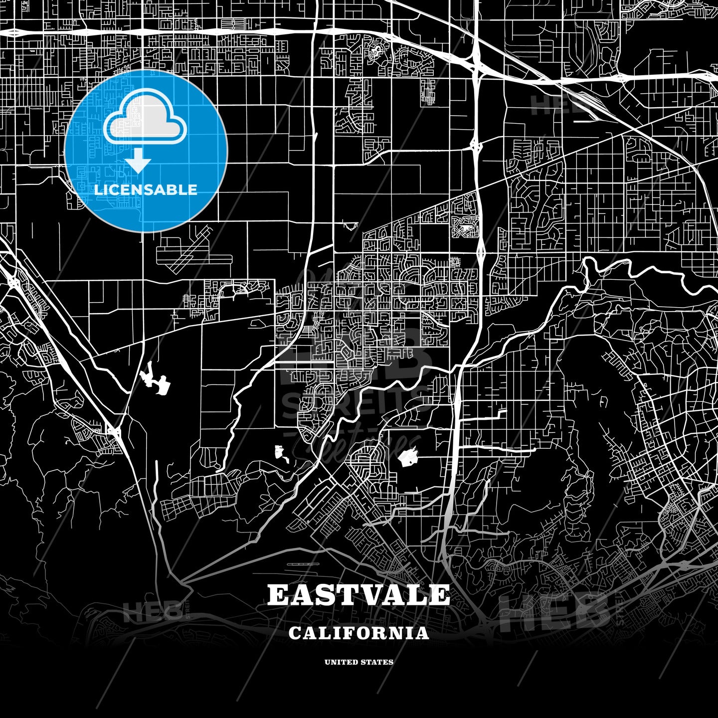 Black map poster template of Eastvale, California, USA - HEBSTREITS