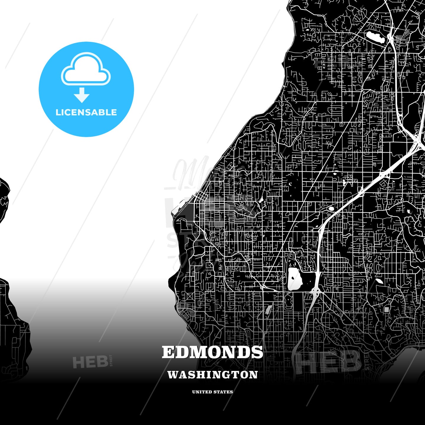 Black map poster template of Edmonds, Washington, USA - HEBSTREITS