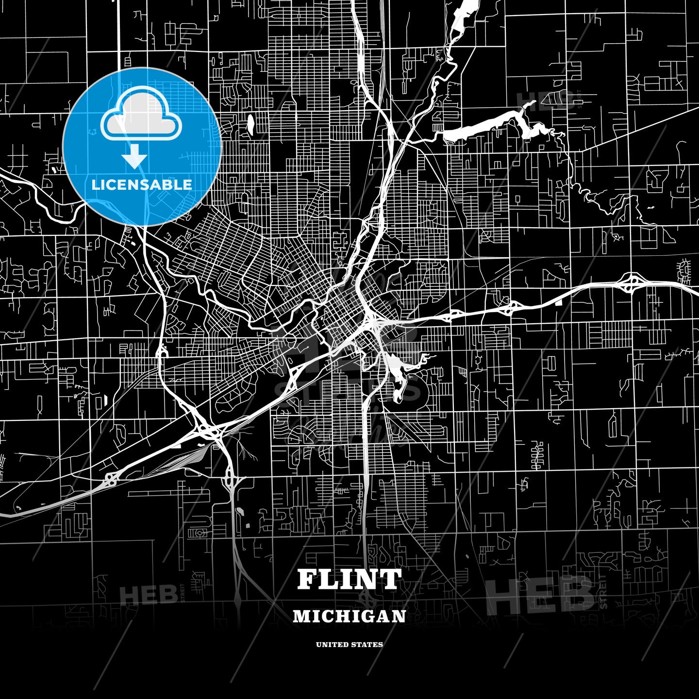Black Map Poster Template Of Flint, Michigan, Usa – HEBSTREITS