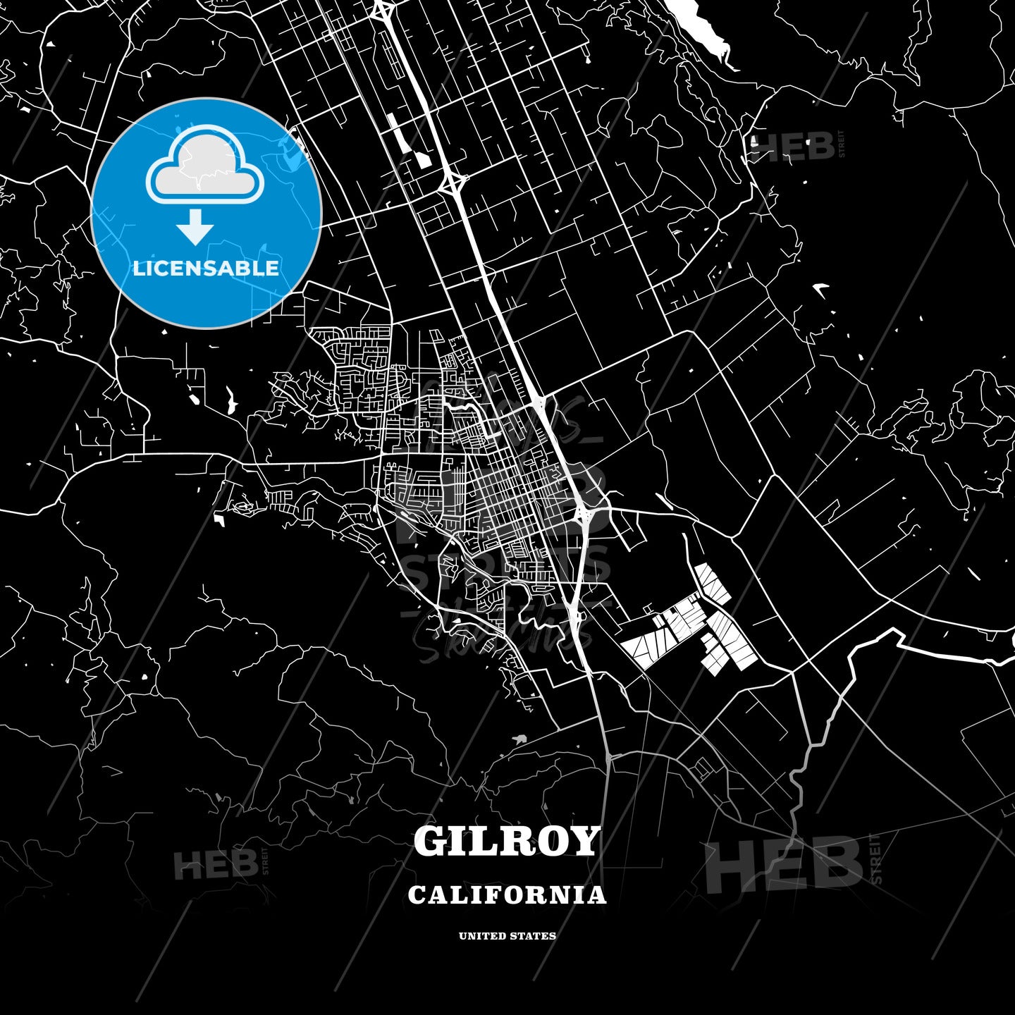 Black map poster template of Gilroy, California, USA - HEBSTREITS