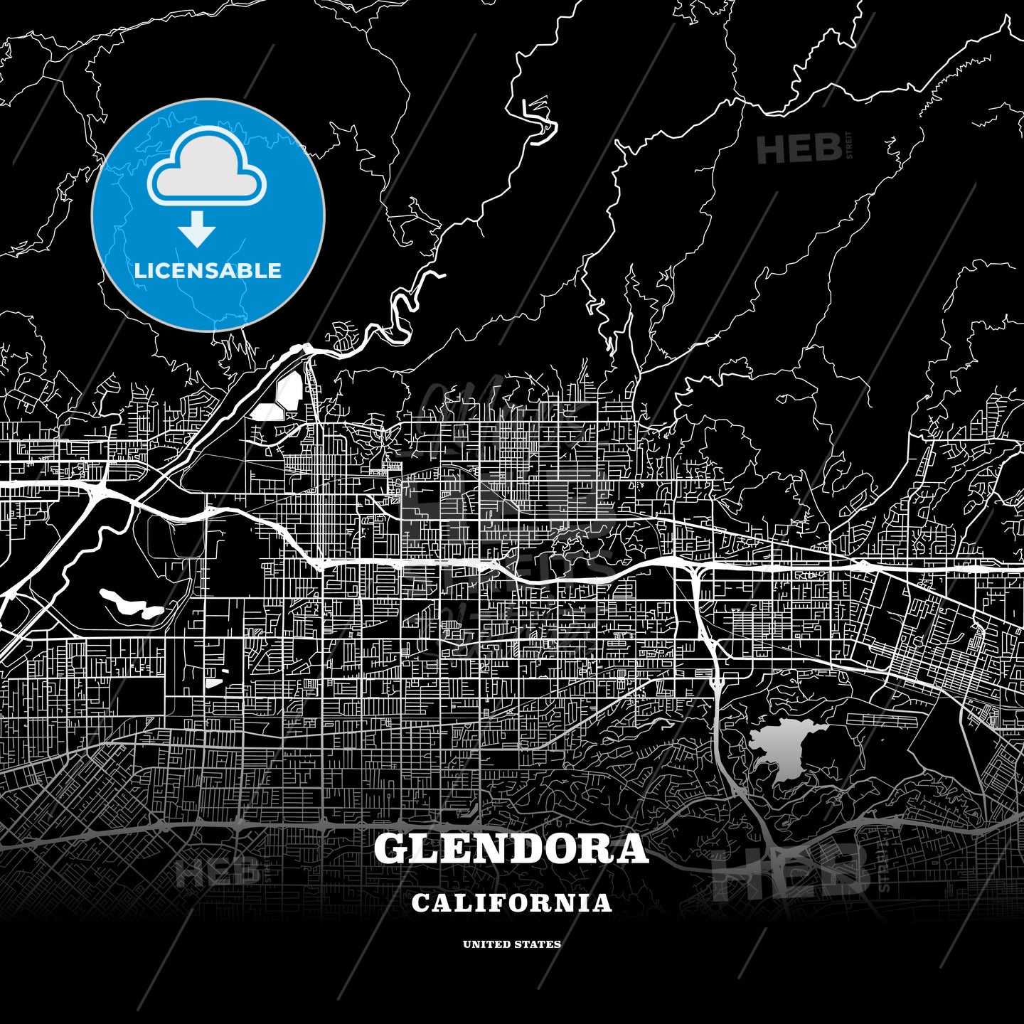 Black Map Poster Template Of Glendora, California, Usa – HEBSTREITS