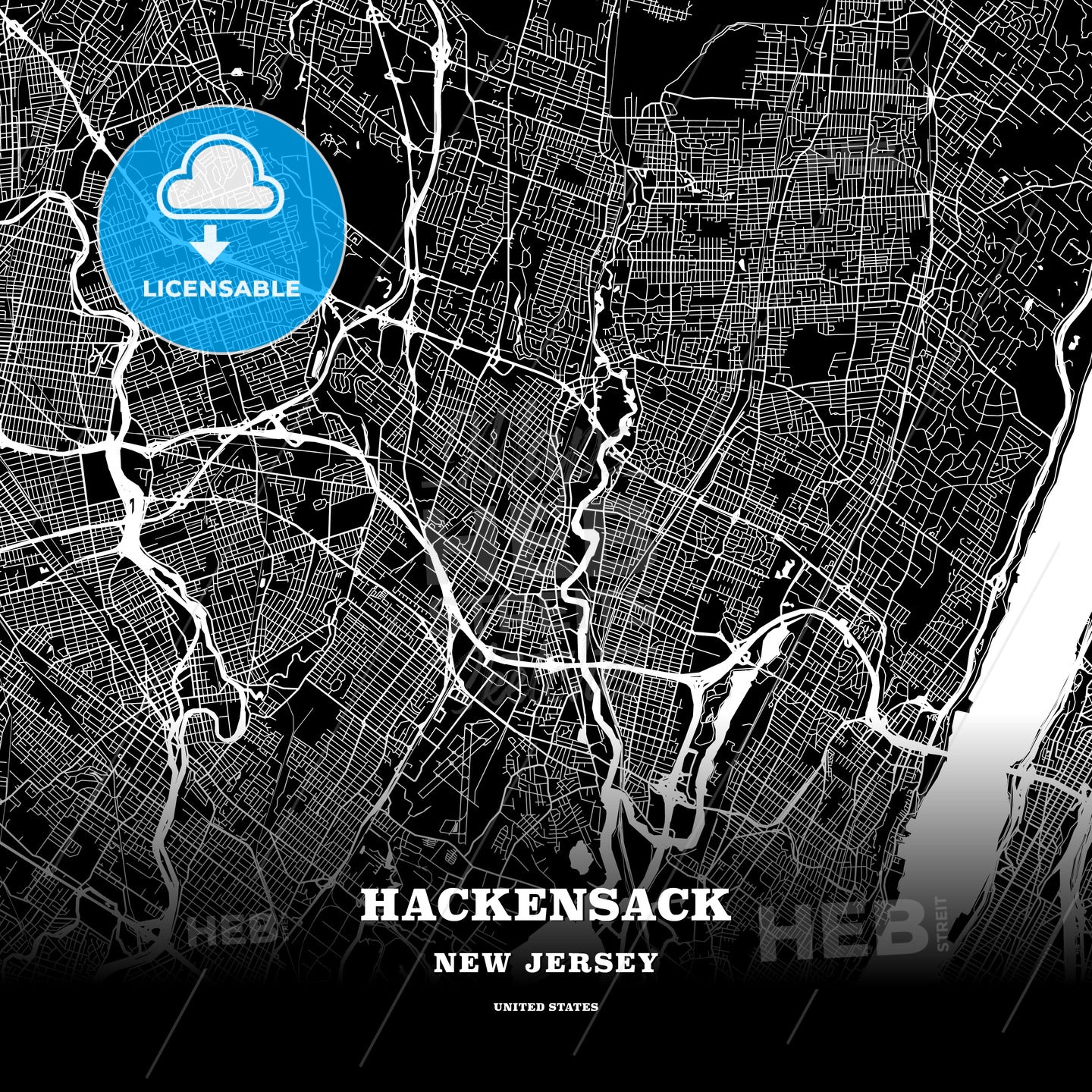 Black Map Poster Template Of Hackensack, New Jersey, Usa – HEBSTREITS