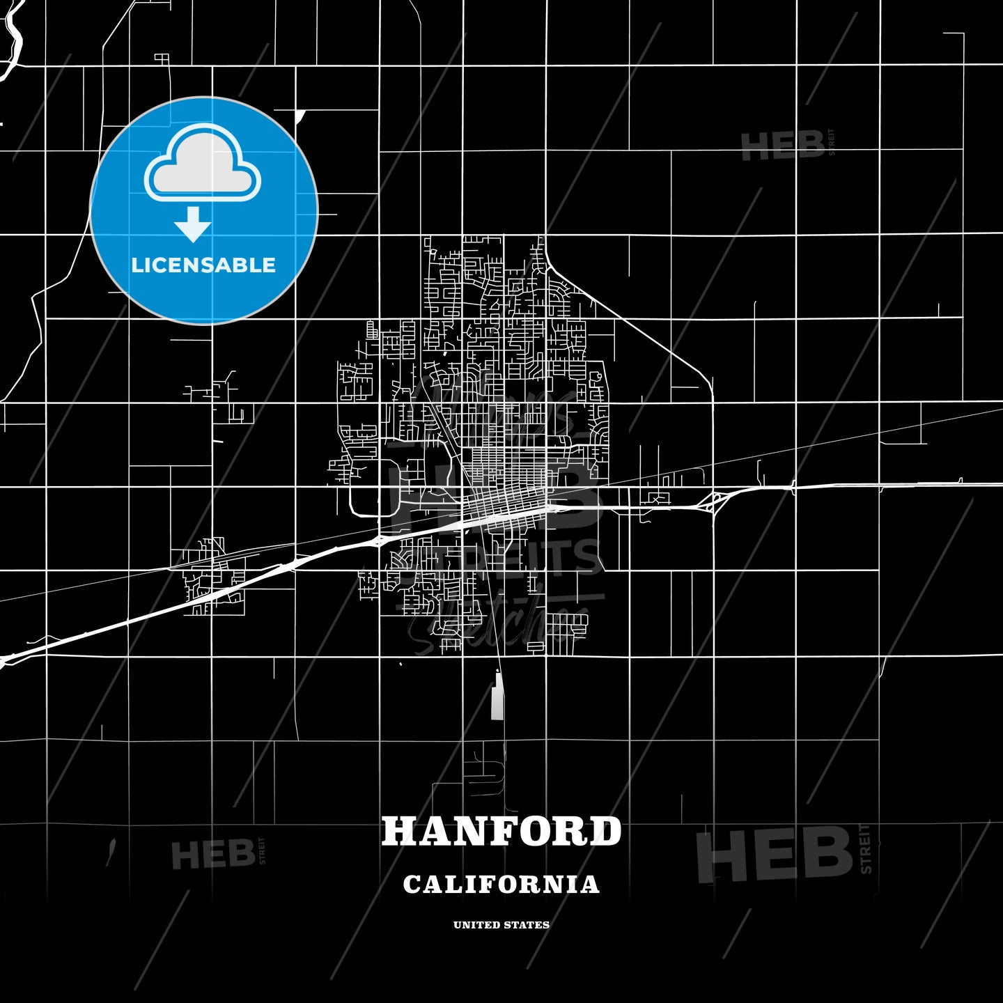Black Map Poster Template Of Hanford, California, Usa – HEBSTREITS