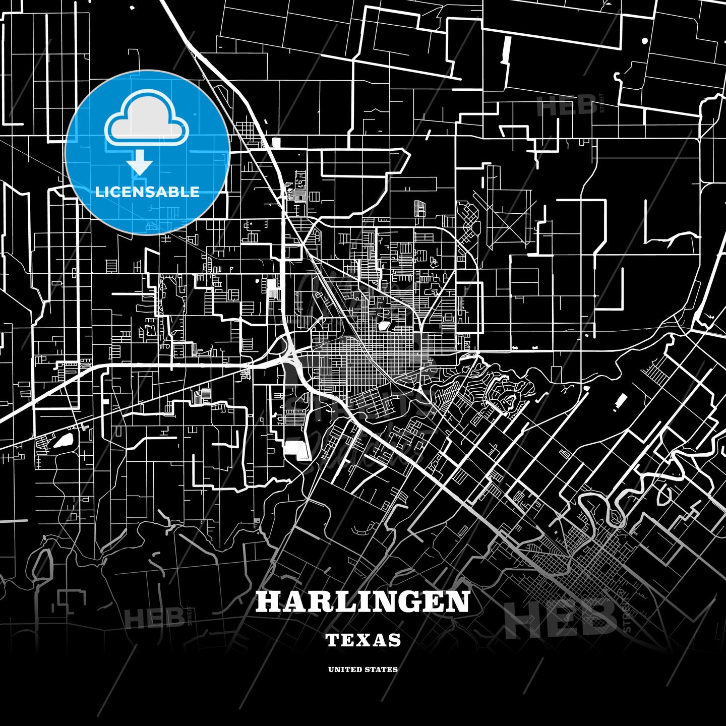 Black map poster template of Harlingen, Texas, USA - HEBSTREITS