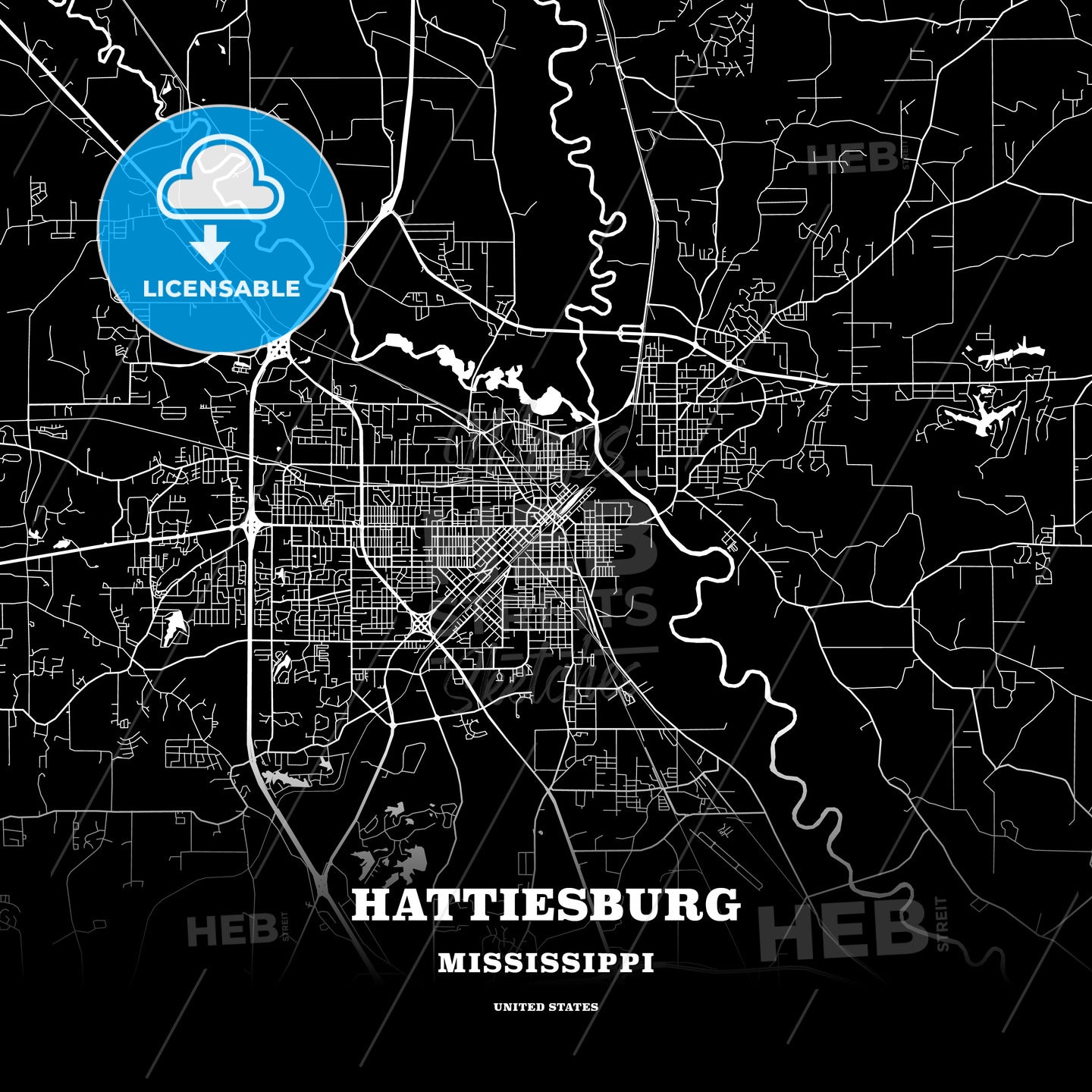 Black Map Poster Template Of Hattiesburg, Mississippi, Usa – HEBSTREITS