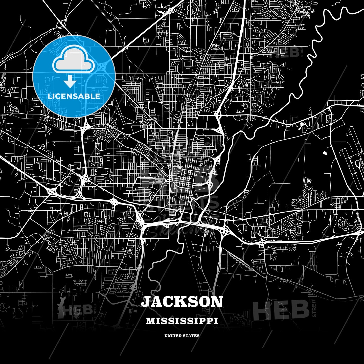 Black map poster template of Jackson, Mississippi, USA - HEBSTREITS