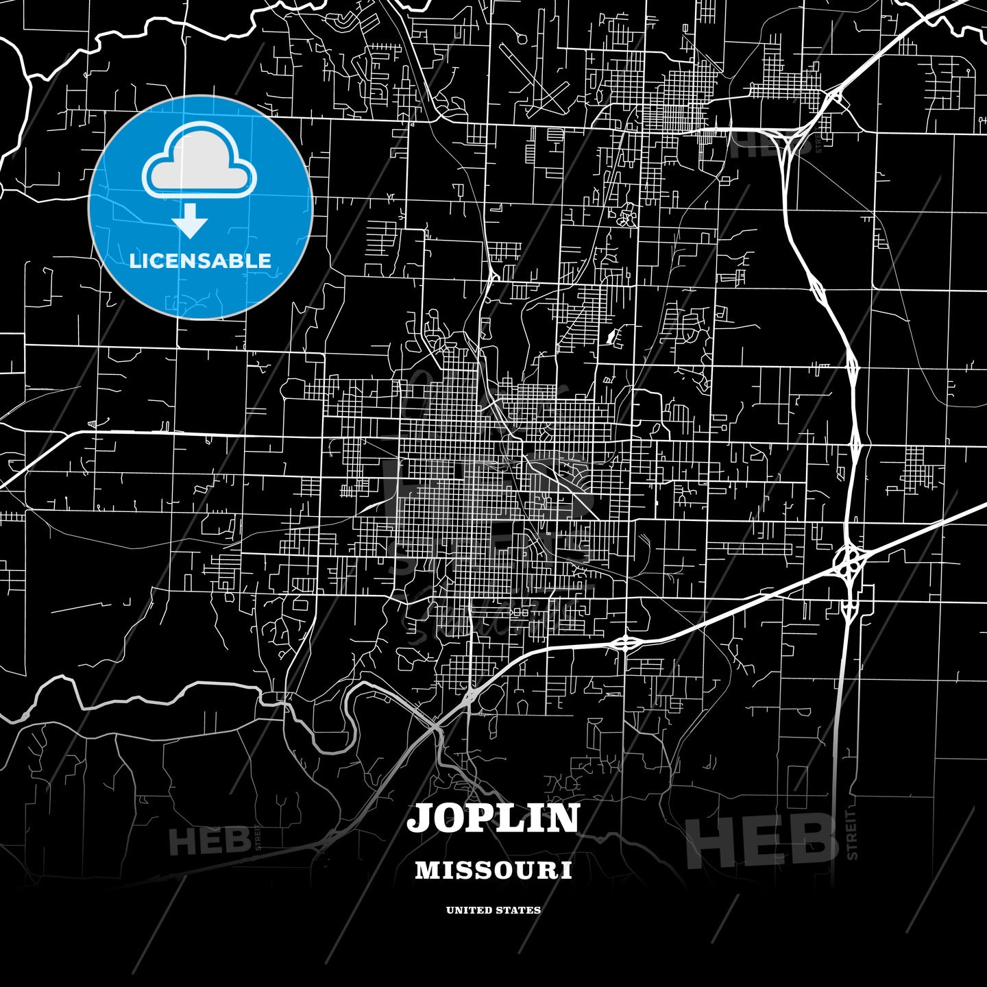 Black map poster template of Joplin, Missouri, USA - HEBSTREITS