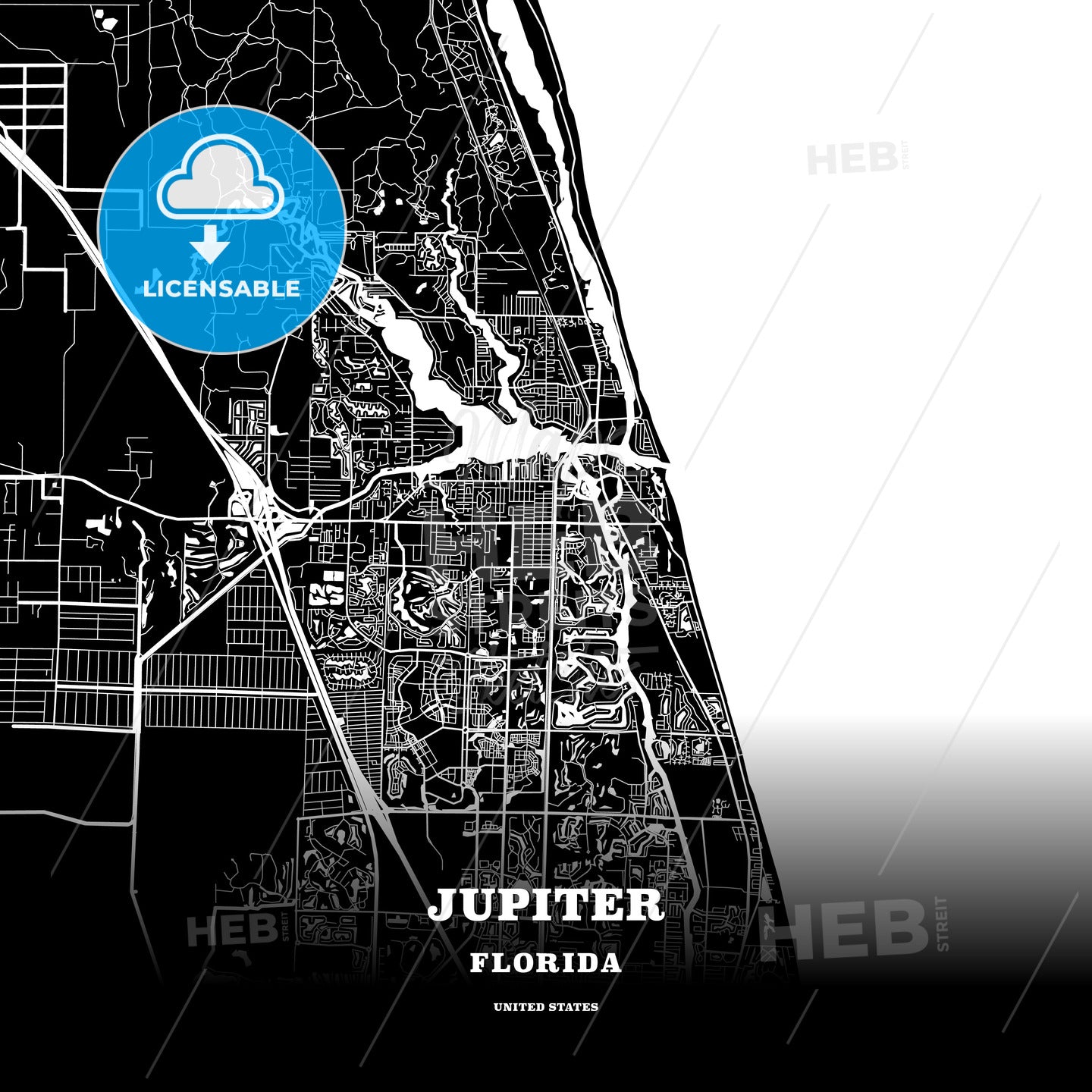 Black map poster template of Jupiter, Florida, USA - HEBSTREITS