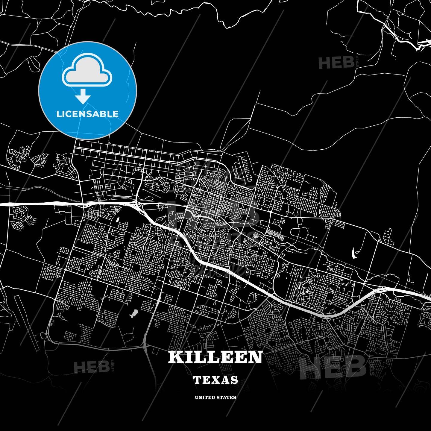 Black Map Poster Template Of Killeen, Texas, Usa – HEBSTREITS