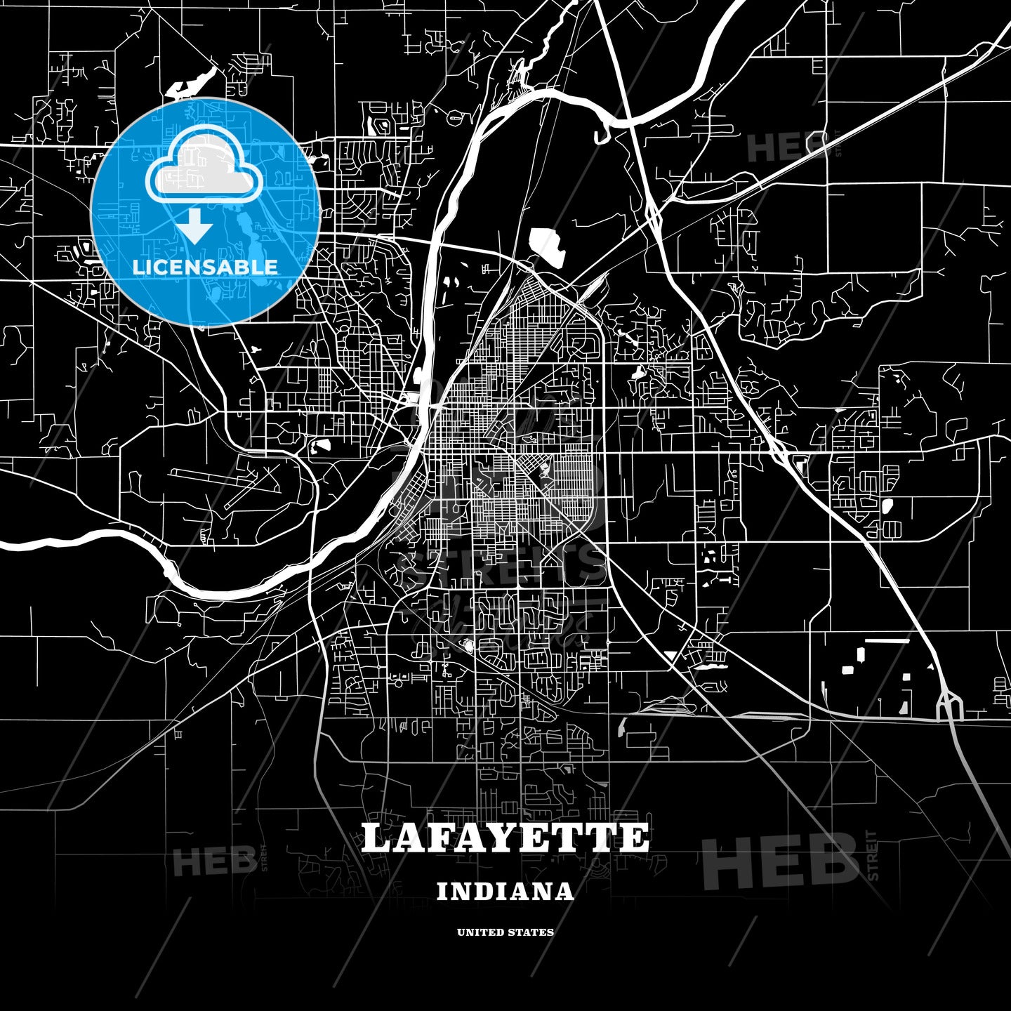 Black Map Poster Template Of Lafayette, Indiana, Usa – HEBSTREITS