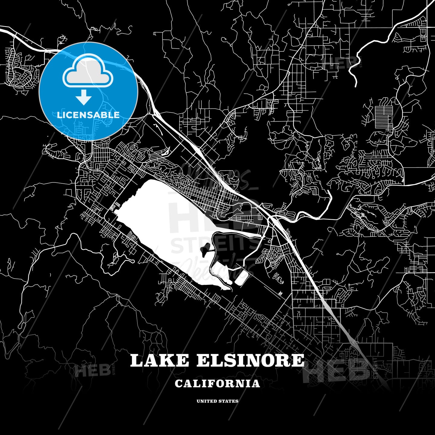 Black map poster template of Lake Elsinore, California, USA - HEBSTREITS