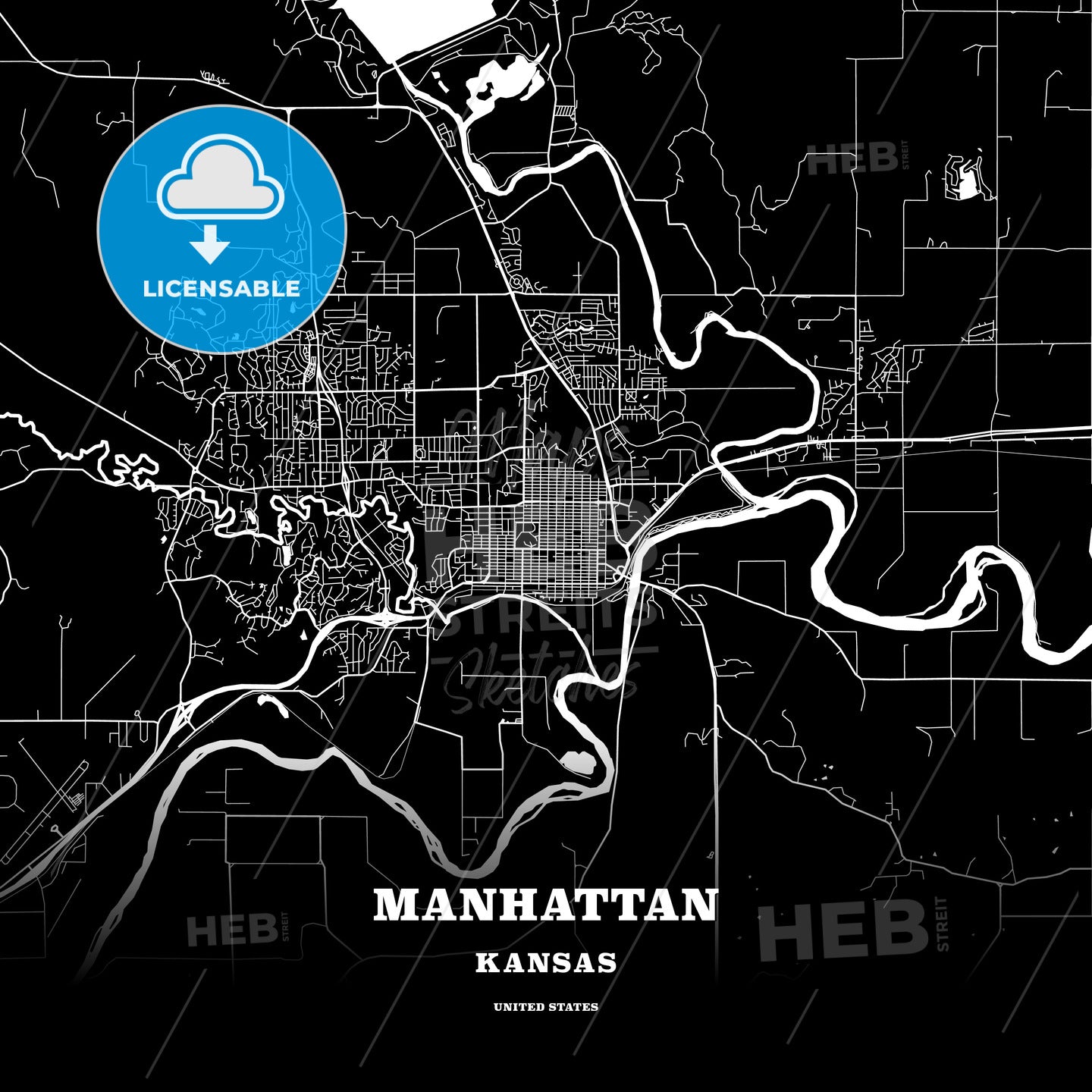 Black Map Poster Template Of Manhattan, Kansas, Usa – HEBSTREITS