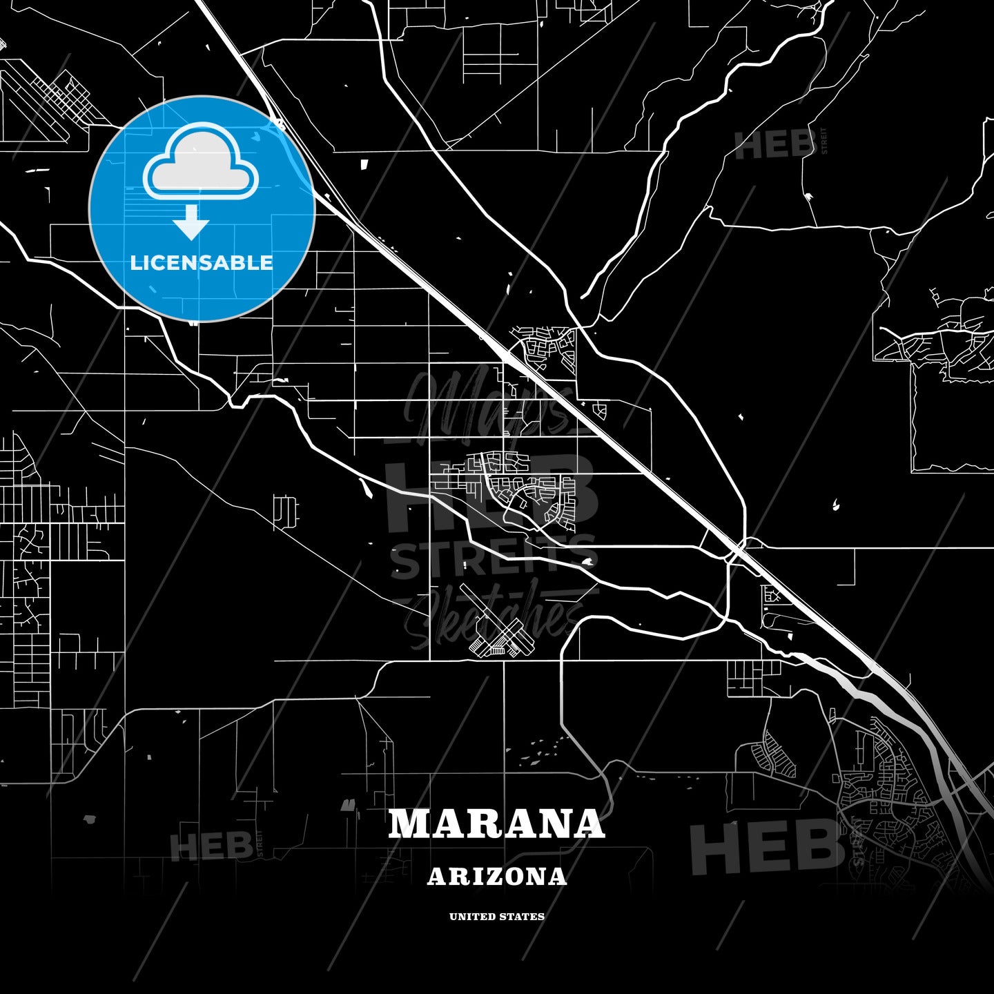 Black map poster template of Marana, Arizona, USA - HEBSTREITS