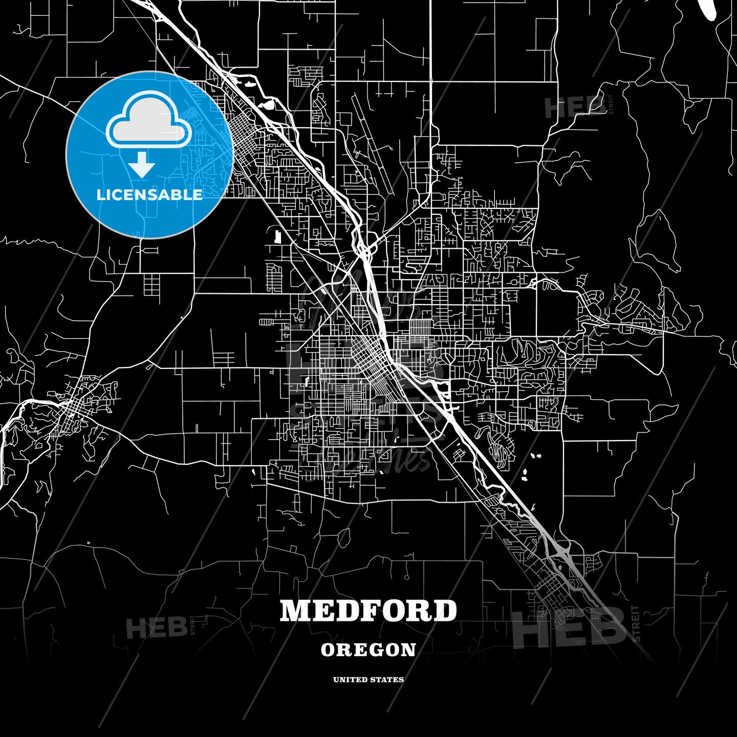 Black map poster template of Medford, Oregon, USA - HEBSTREITS