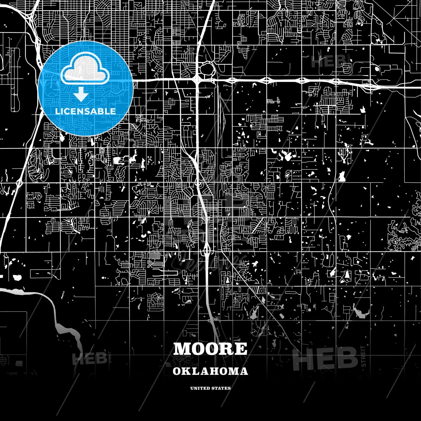 Black map poster template of Moore, Oklahoma, USA - HEBSTREITS