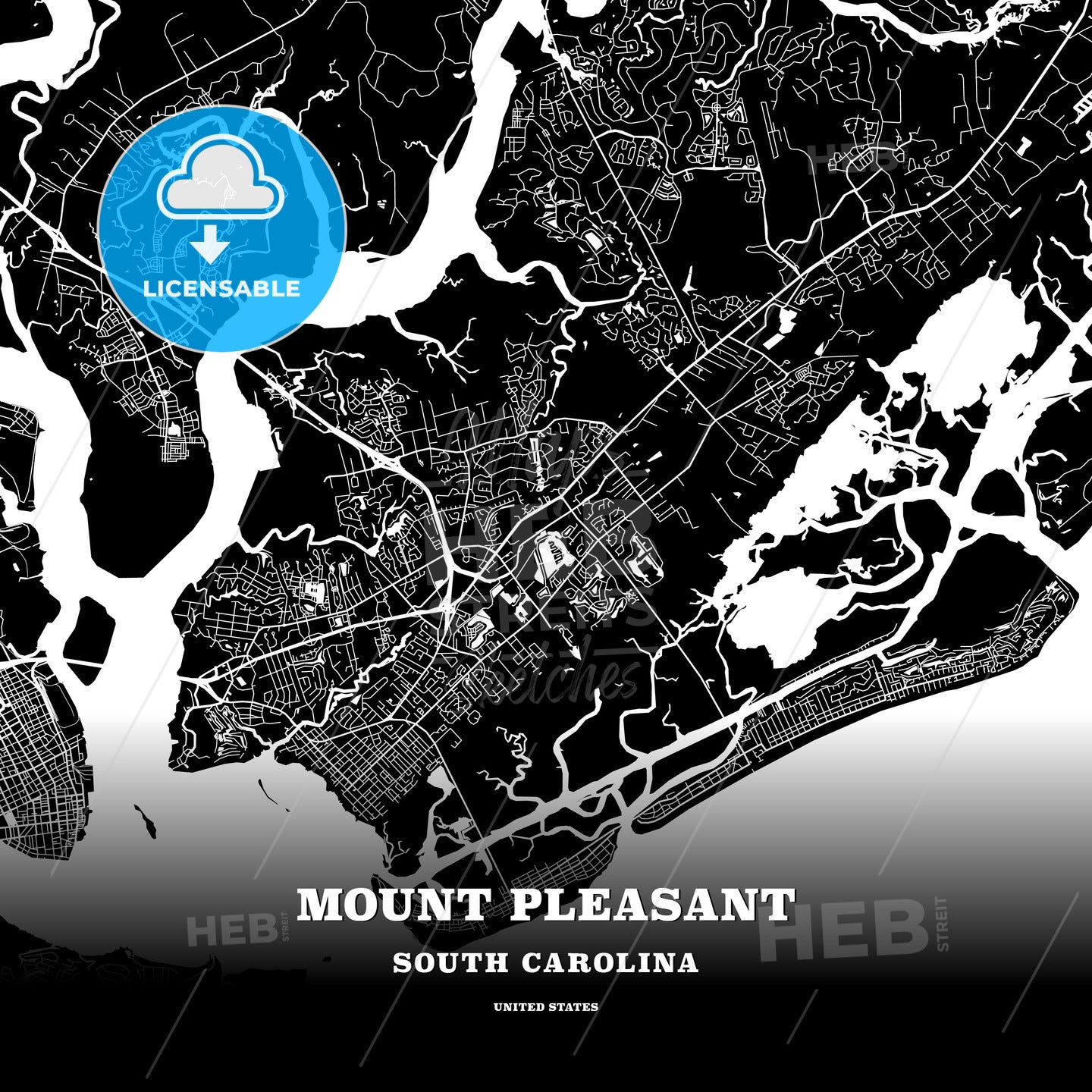 Black Map Poster Template Of Mount Pleasant, South Carolina, Usa ...