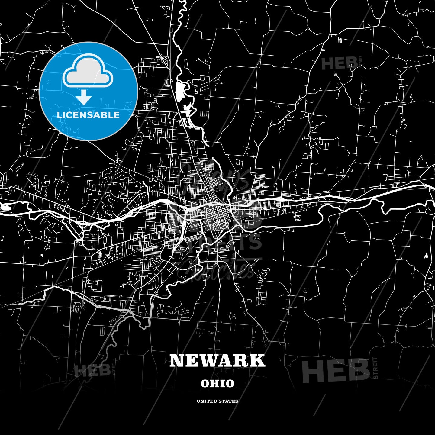 Black Map Poster Template Of Newark, Ohio, Usa – HEBSTREITS