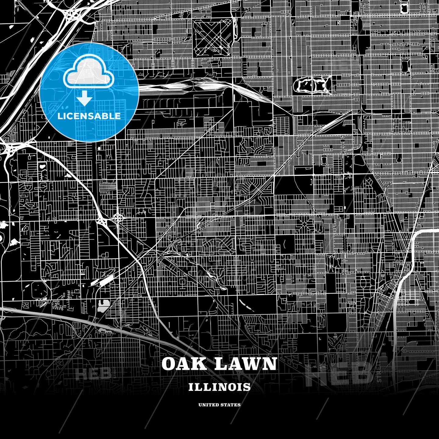 Black Map Poster Template Of Oak Lawn, Illinois, Usa – HEBSTREITS