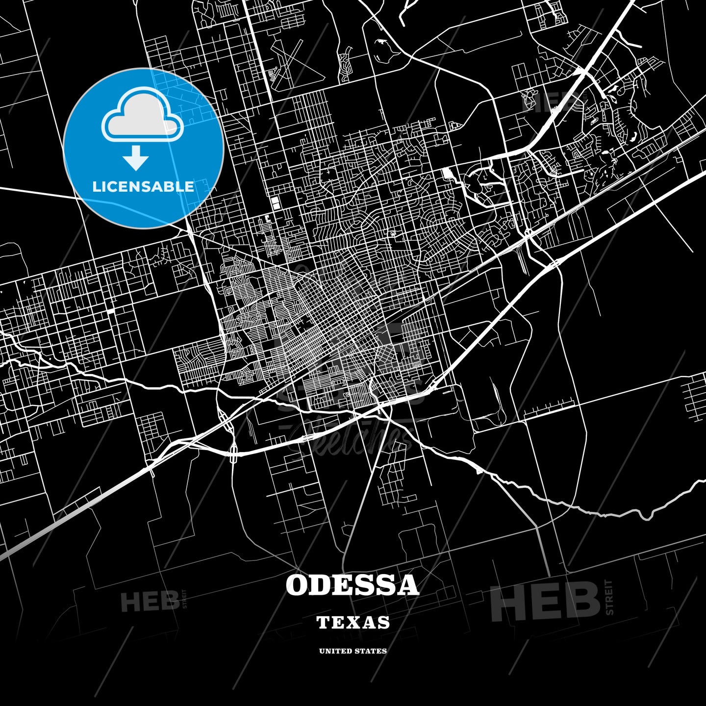 Black map poster template of Odessa, Texas, USA - HEBSTREITS