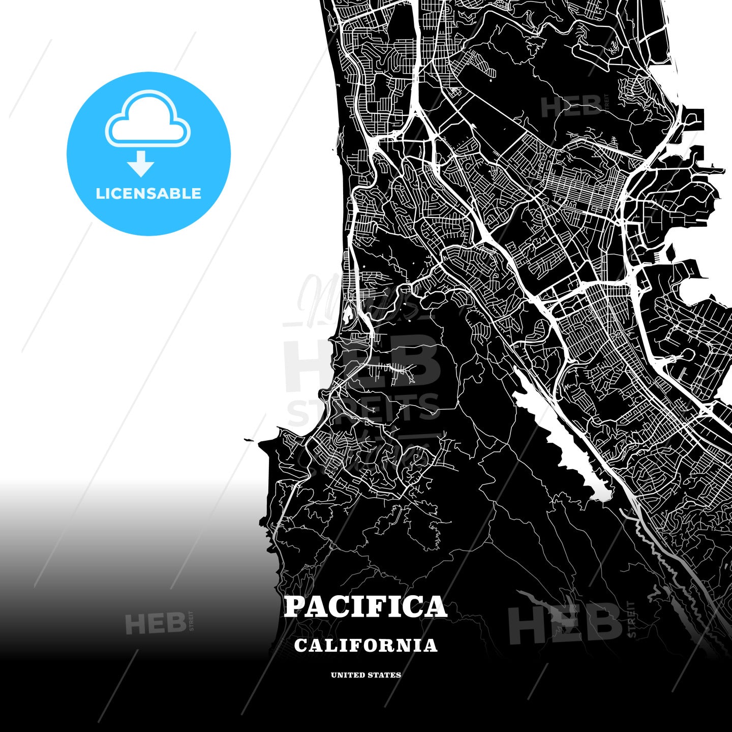 Black map poster template of Pacifica, California, USA - HEBSTREITS