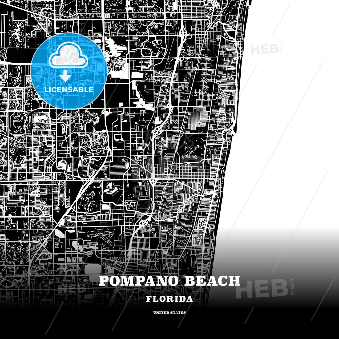 Black map poster template of Pompano Beach, Florida, USA - HEBSTREITS