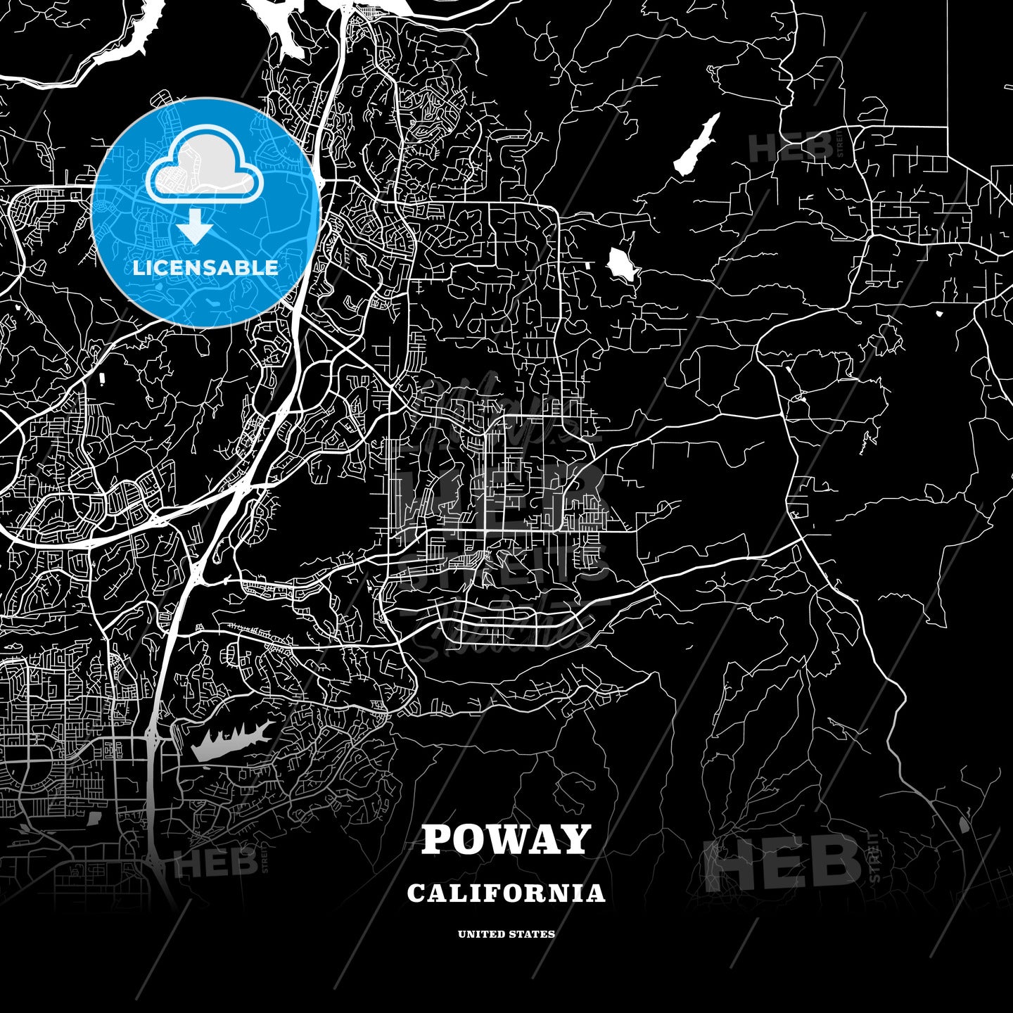 Black map poster template of Poway, California, USA - HEBSTREITS