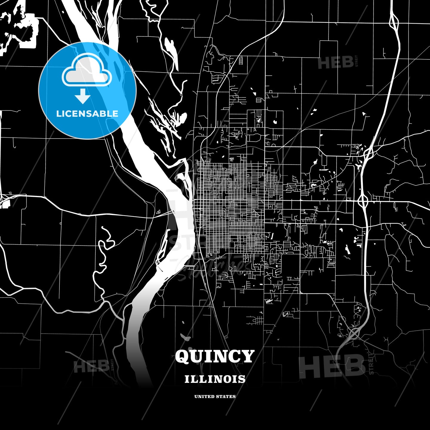 Black Map Poster Template Of Quincy, Illinois, Usa – HEBSTREITS