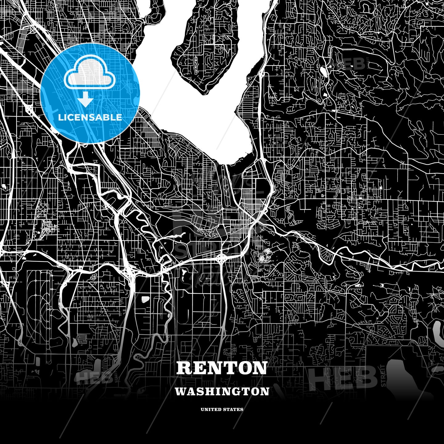 Black Map Poster Template Of Renton, Washington, Usa – HEBSTREITS