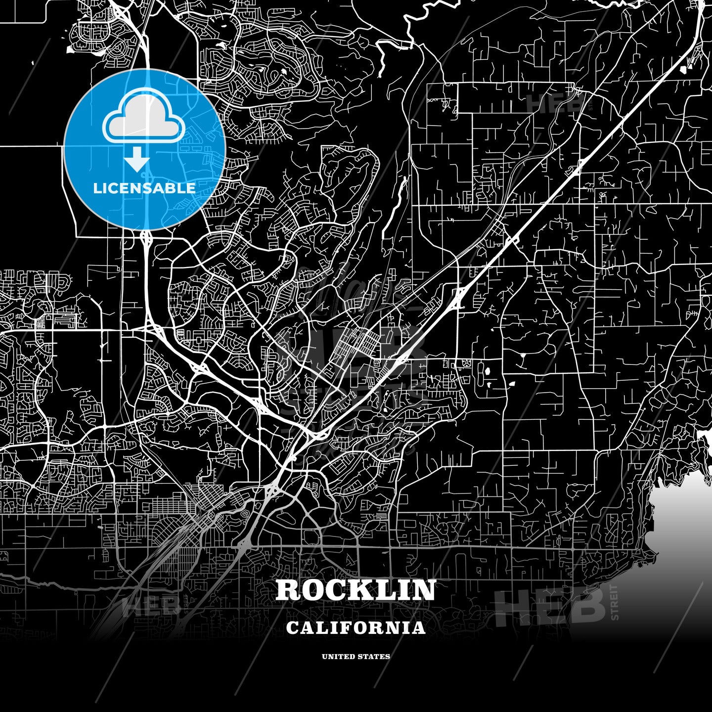 Black map poster template of Rocklin, California, USA - HEBSTREITS