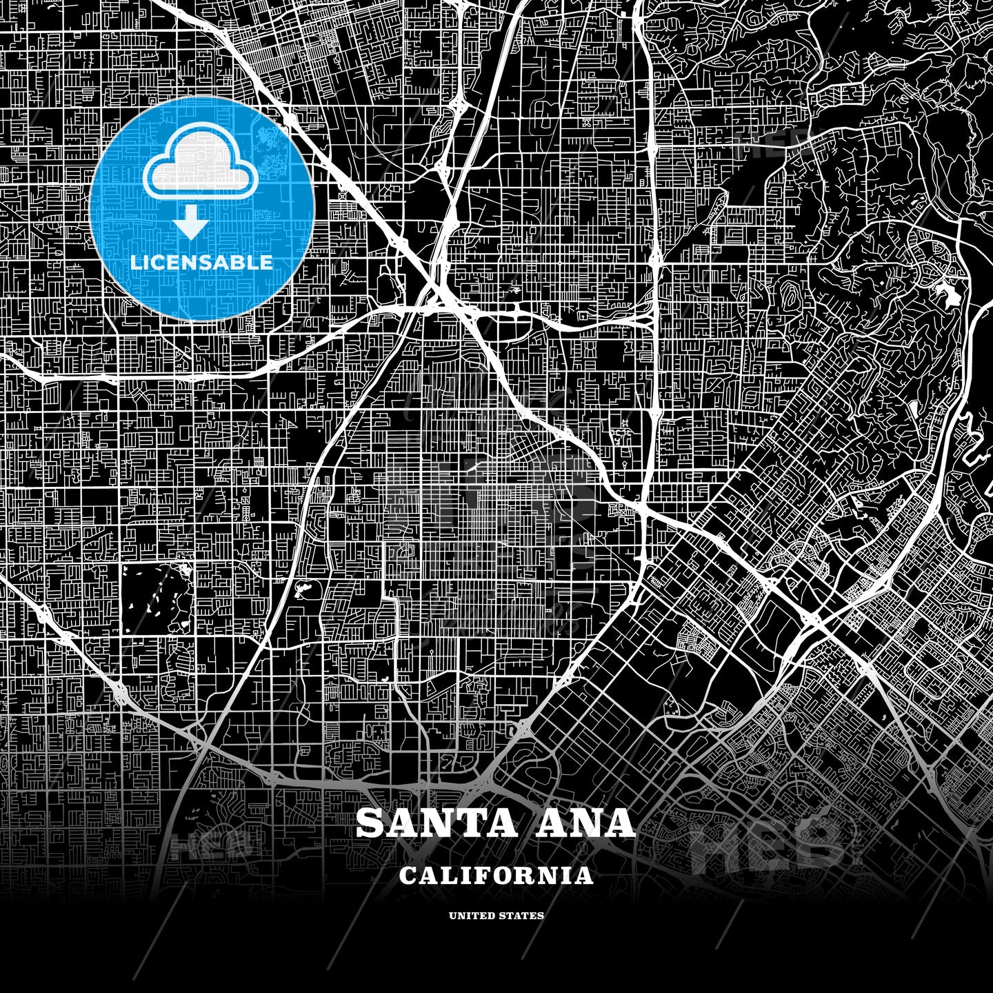 Black map poster template of Santa Ana, California, USA - HEBSTREITS