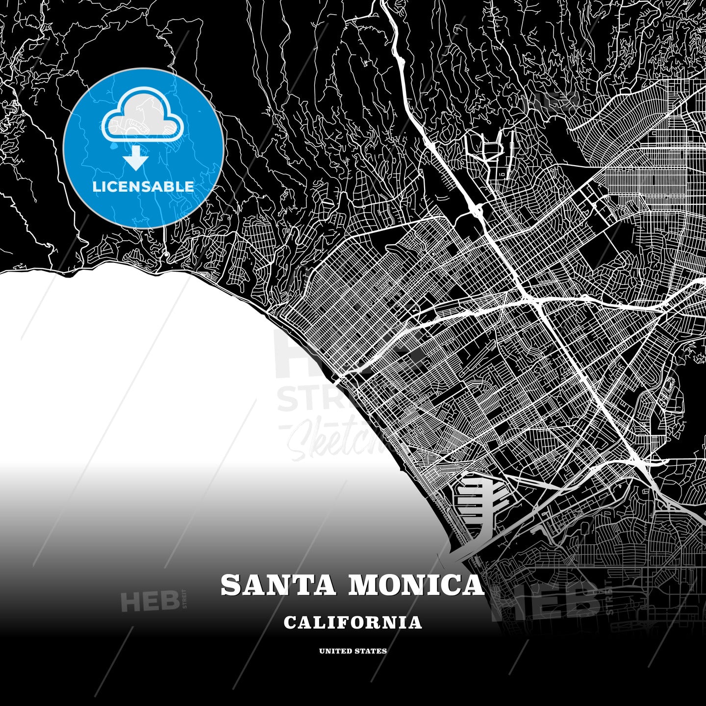 Black map poster template of Santa Monica, California, USA - HEBSTREITS