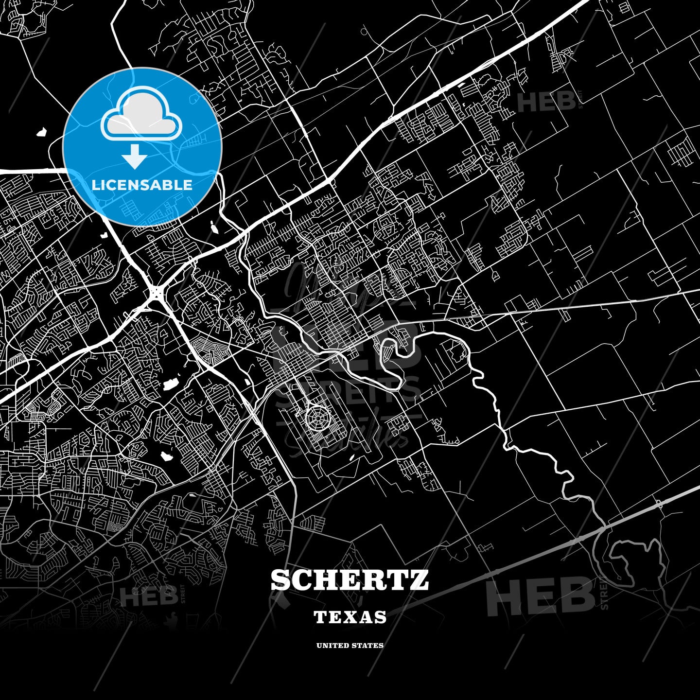 Black Map Poster Template Of Schertz, Texas, Usa – HEBSTREITS