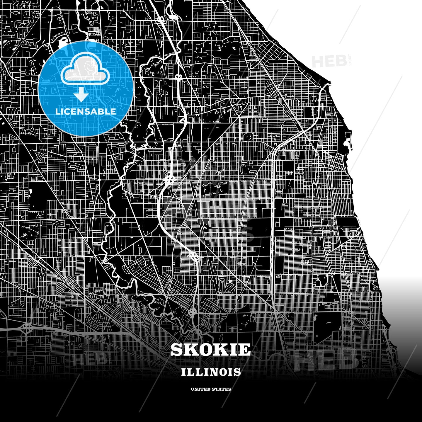 Black map poster template of Skokie, Illinois, USA - HEBSTREITS