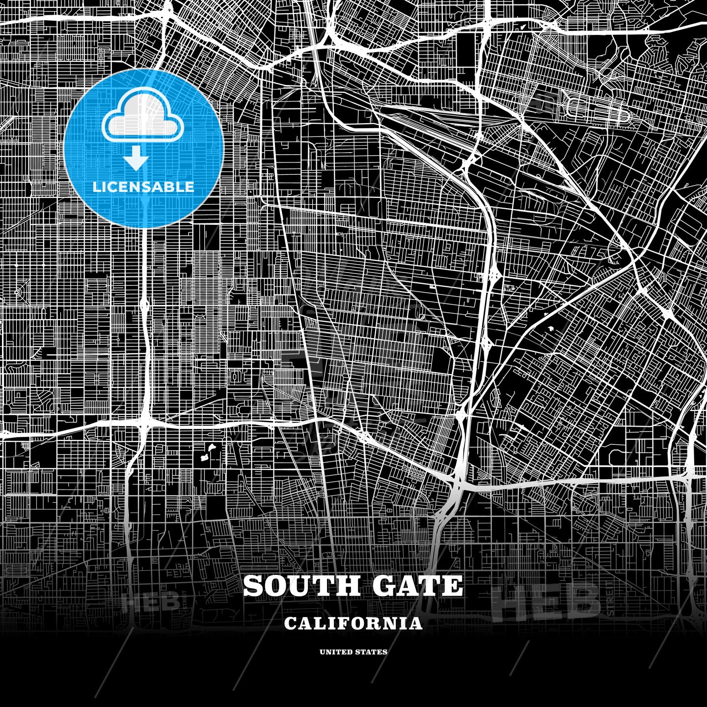 Black Map Poster Template Of South Gate, California, Usa – HEBSTREITS