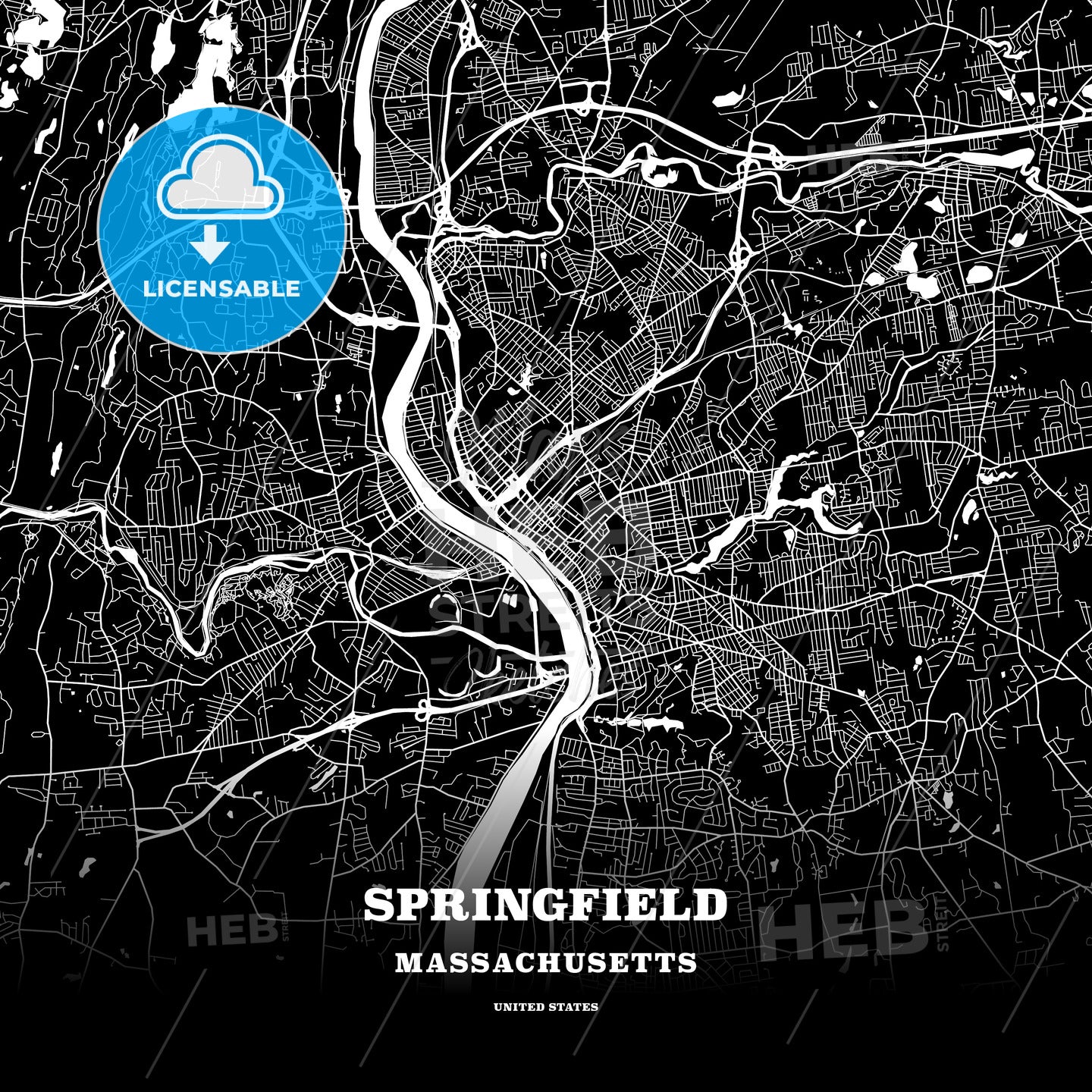 Black map poster template of Springfield, Massachusetts, USA - HEBSTREITS