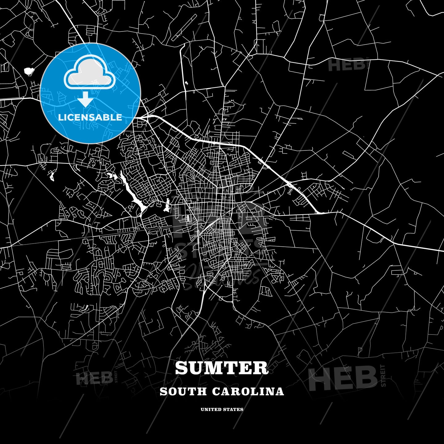 Black Map Poster Template Of Sumter, South Carolina, Usa – HEBSTREITS