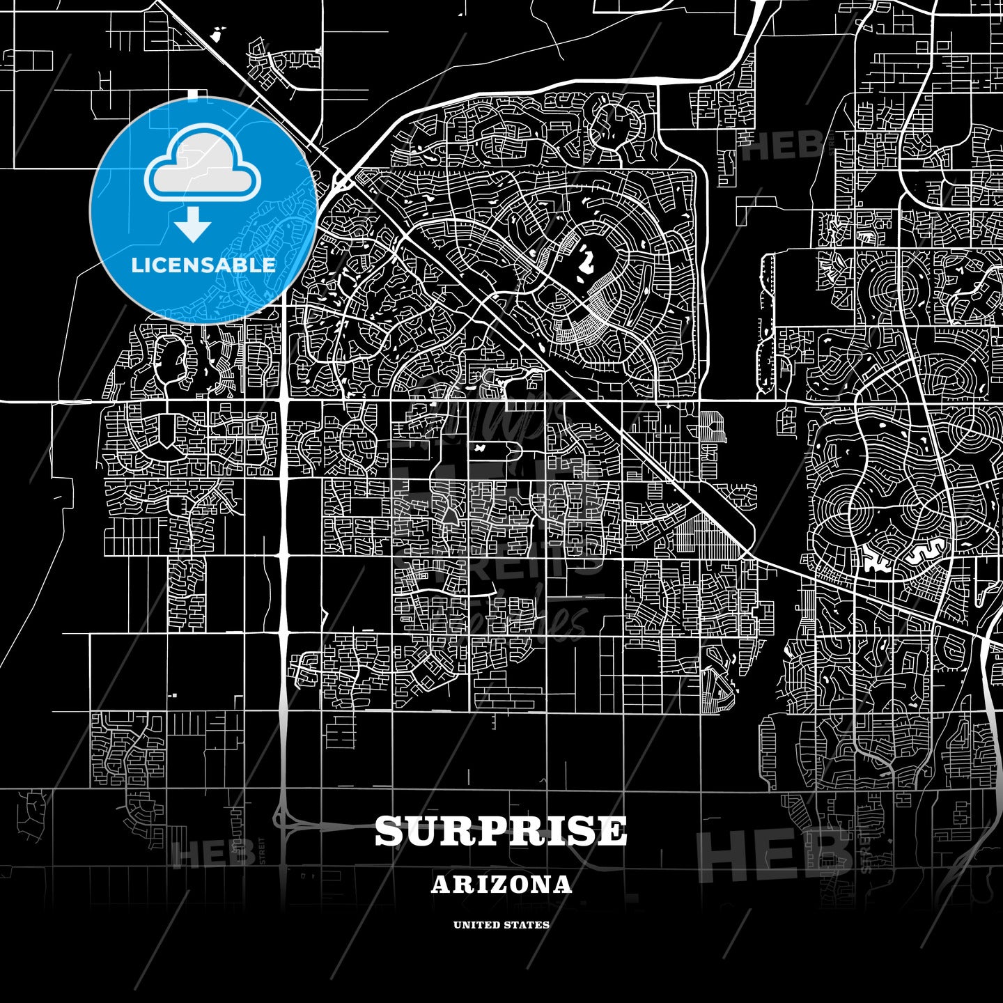 Black map poster template of Surprise, Arizona, USA - HEBSTREITS