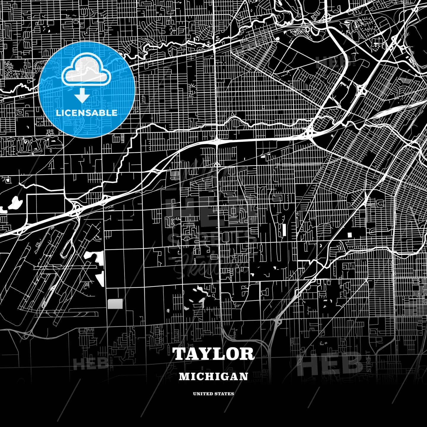 Black map poster template of Taylor, Michigan, USA - HEBSTREITS
