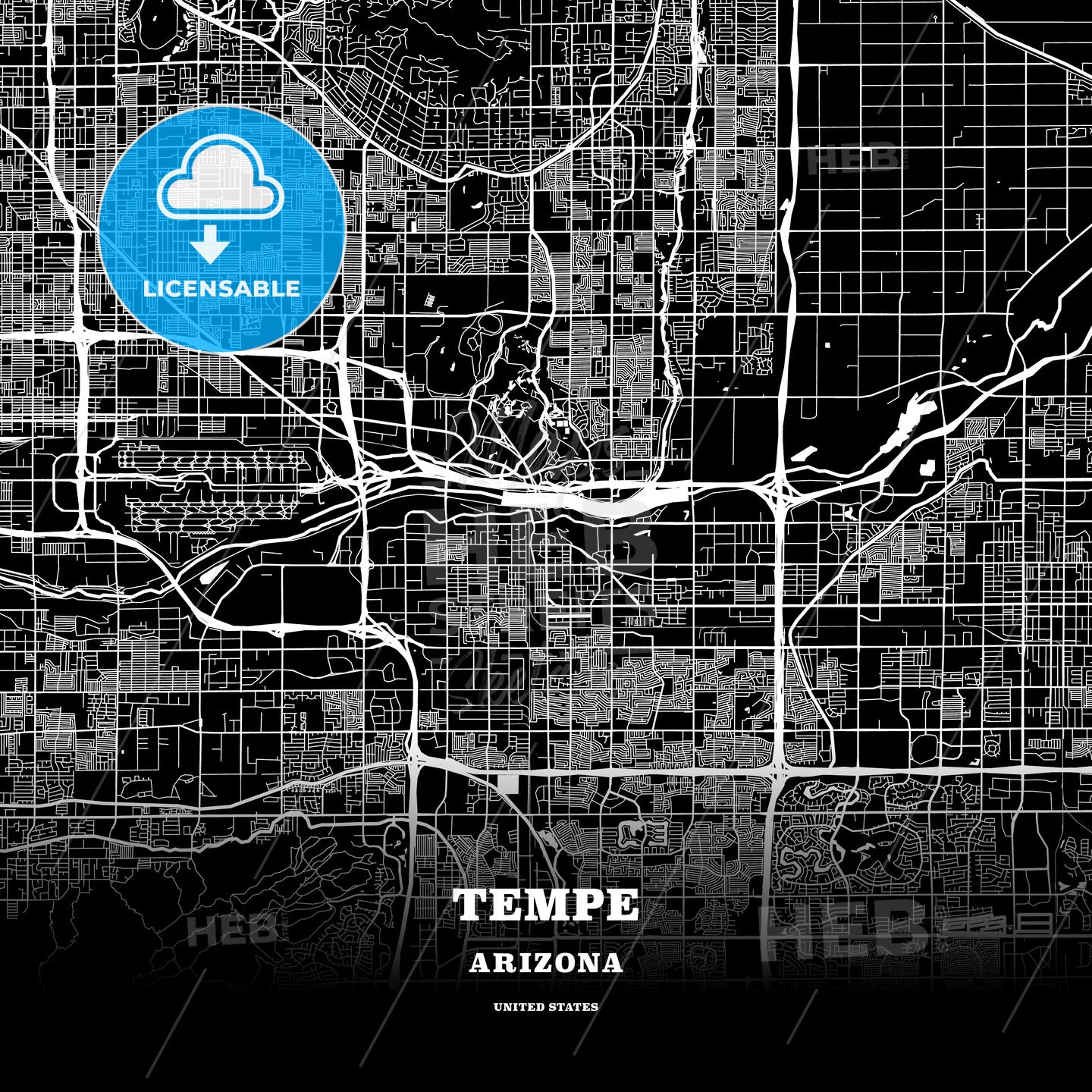 Black map poster template of Tempe, Arizona, USA - HEBSTREITS