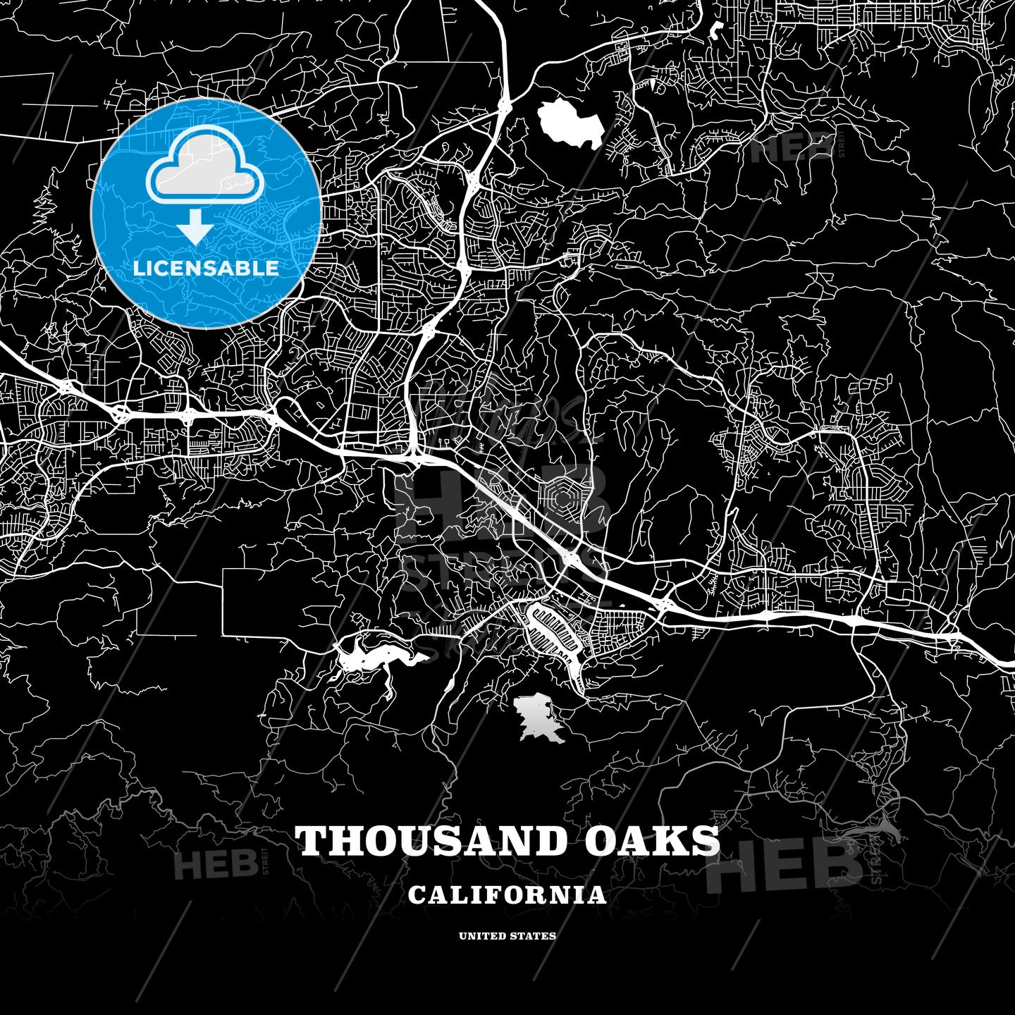 Black Map Poster Template Of Thousand Oaks, California, Usa – HEBSTREITS