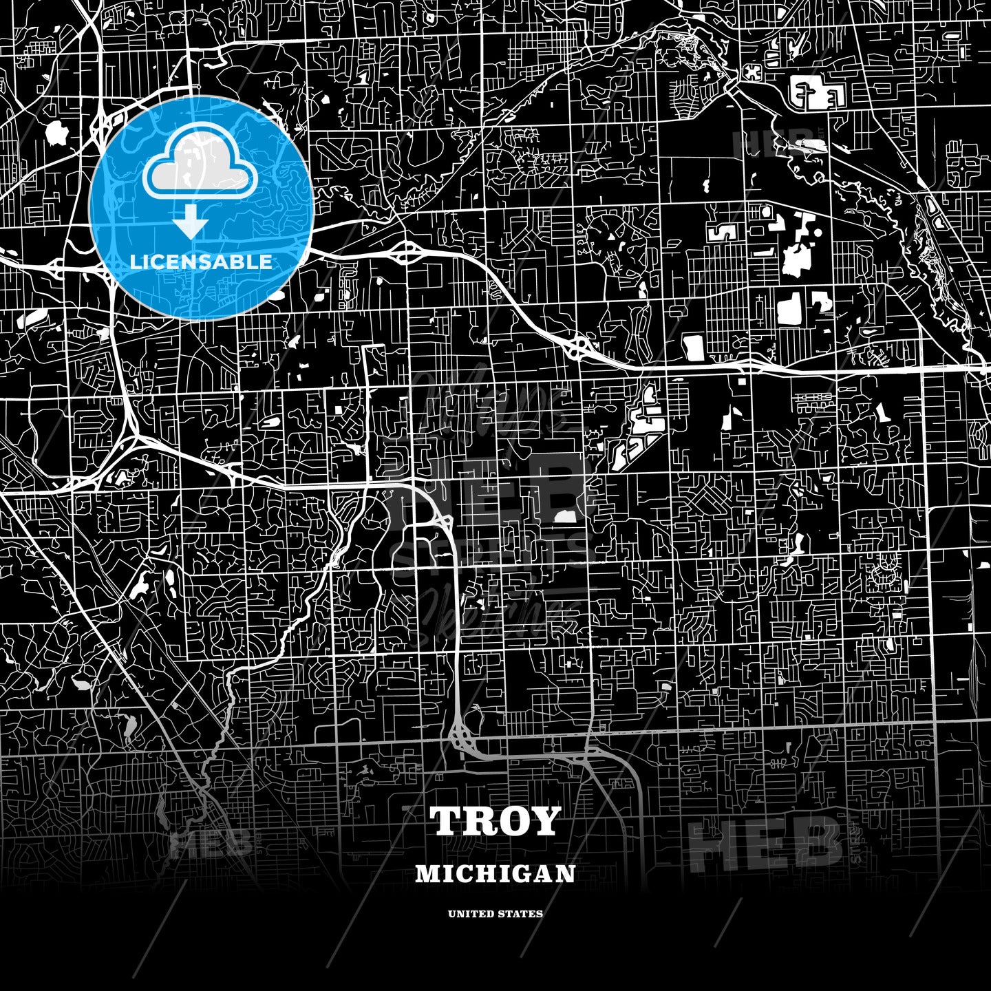 Black map poster template of Troy, Michigan, USA - HEBSTREITS